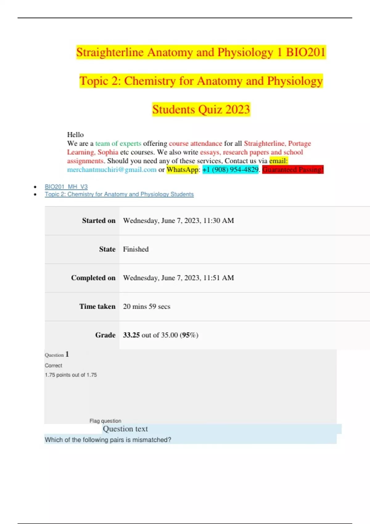 Straighterline Anatomy and Physiology 1 BIO201 Topic 2: Chemistry for ...