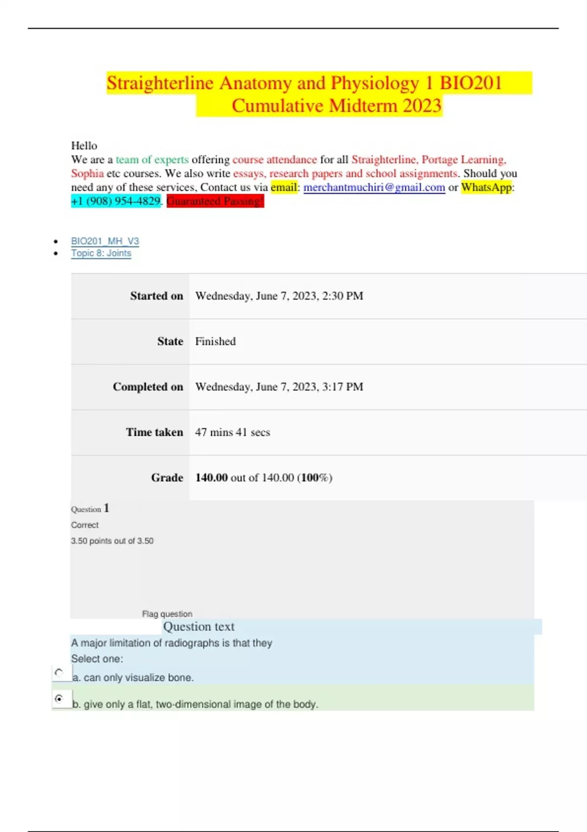 Straighterline Anatomy and Physiology 1 BIO201 Cumulative Midterm 2023 - BIO 201 - Stuvia US