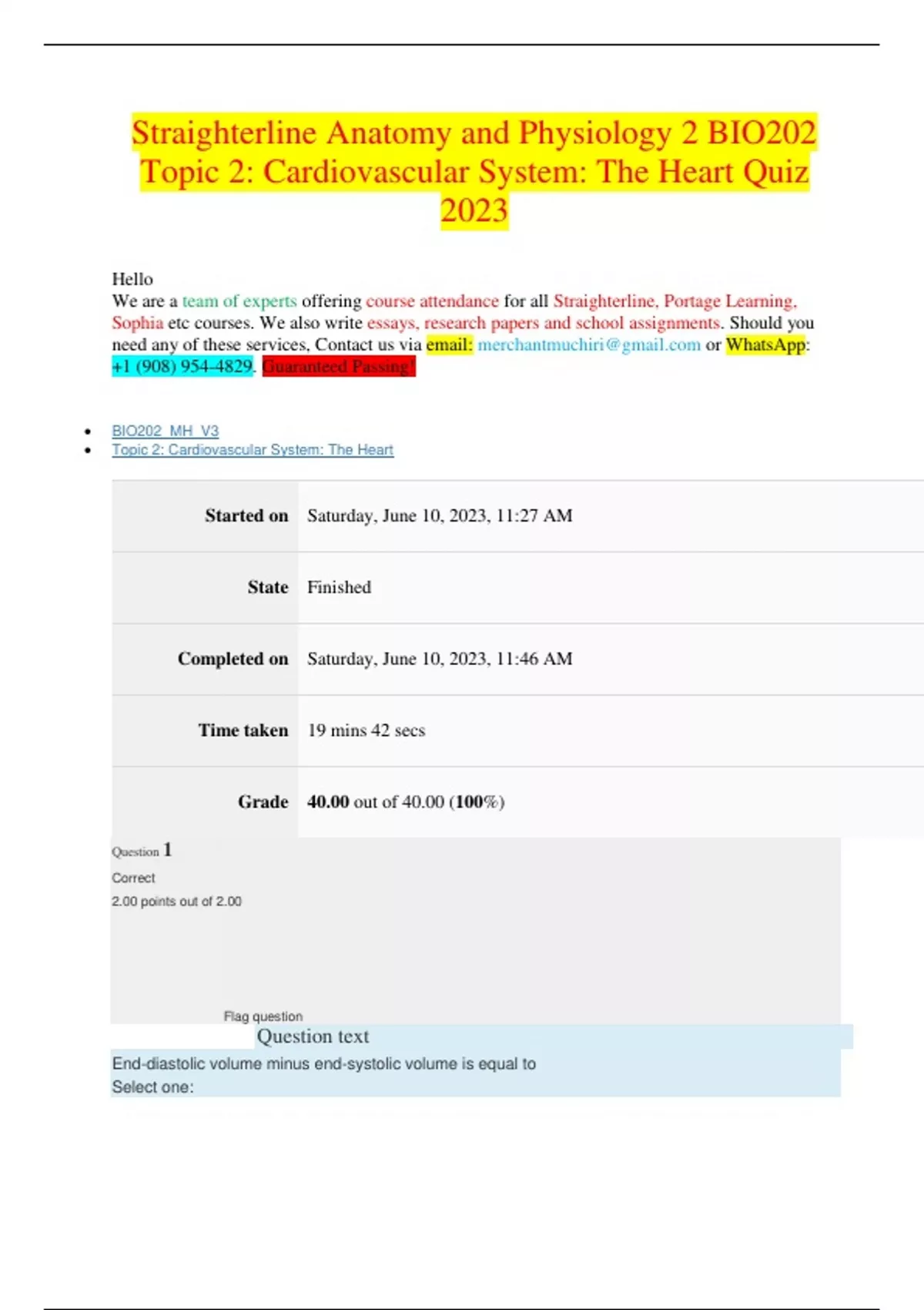 Straighterline Anatomy and Physiology 2 BIO202 Topic 2: Cardiovascular ...