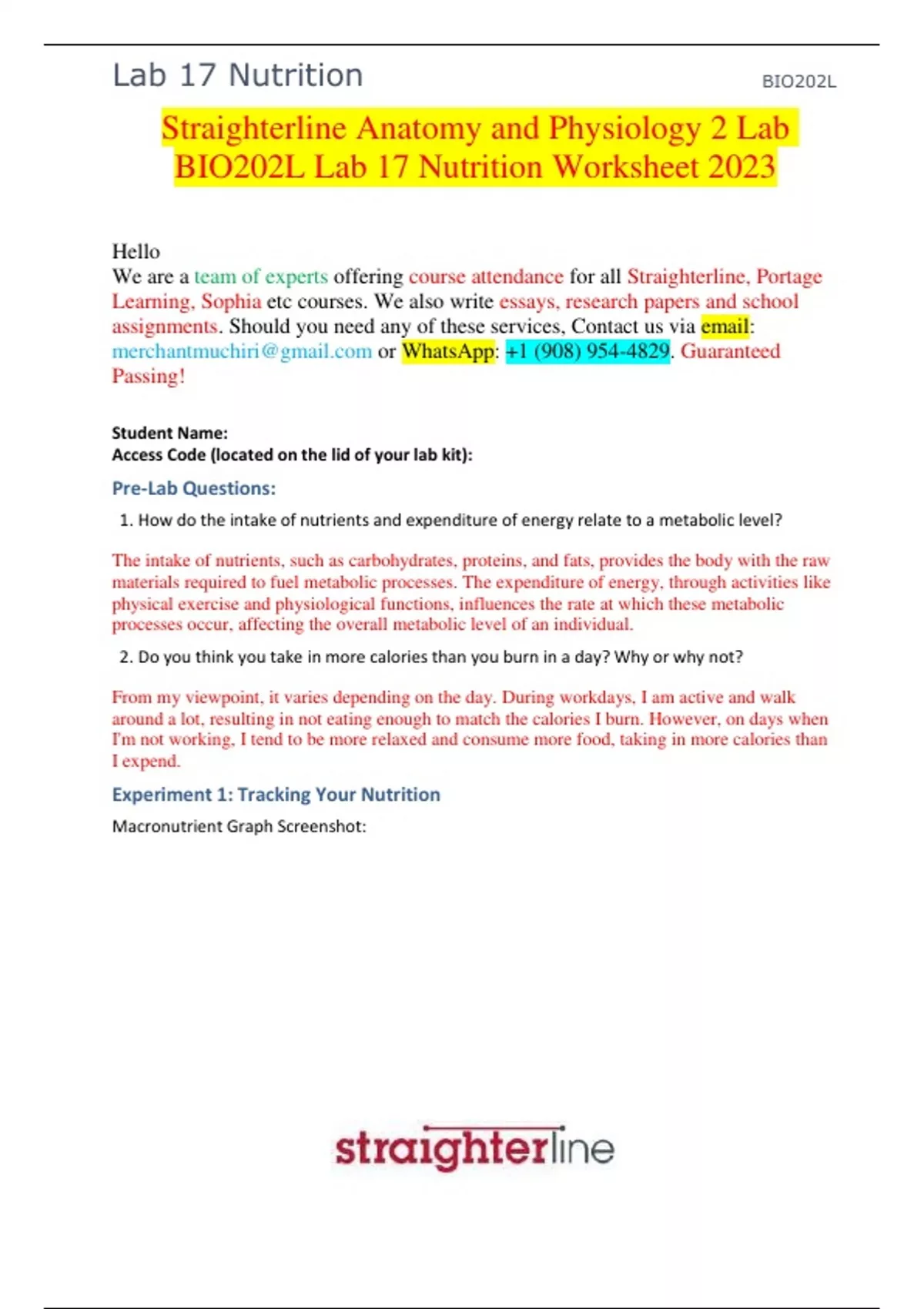 Straighterline Anatomy and Physiology 2 Lab BIO202L Lab 17 Nutrition ...