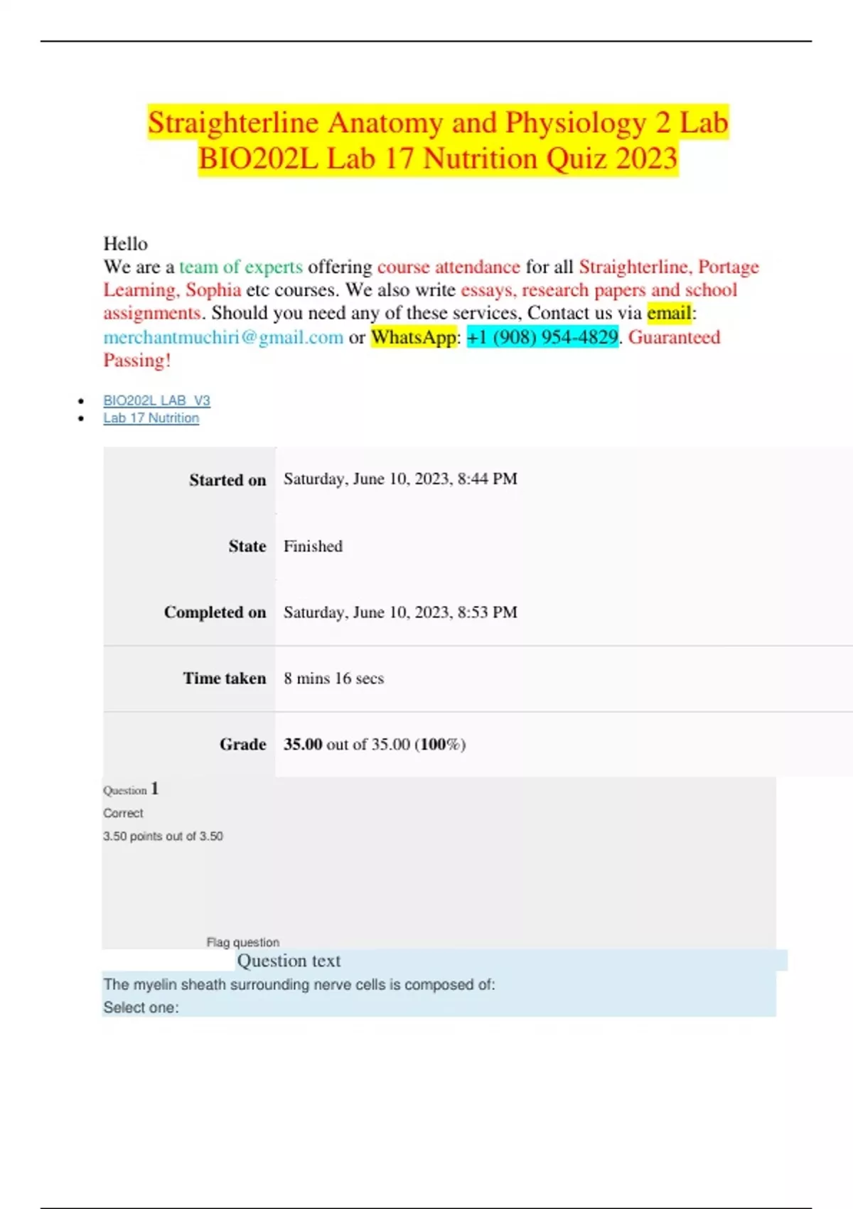 Straighterline Anatomy and Physiology 2 Lab BIO202L Lab 17 Nutrition ...