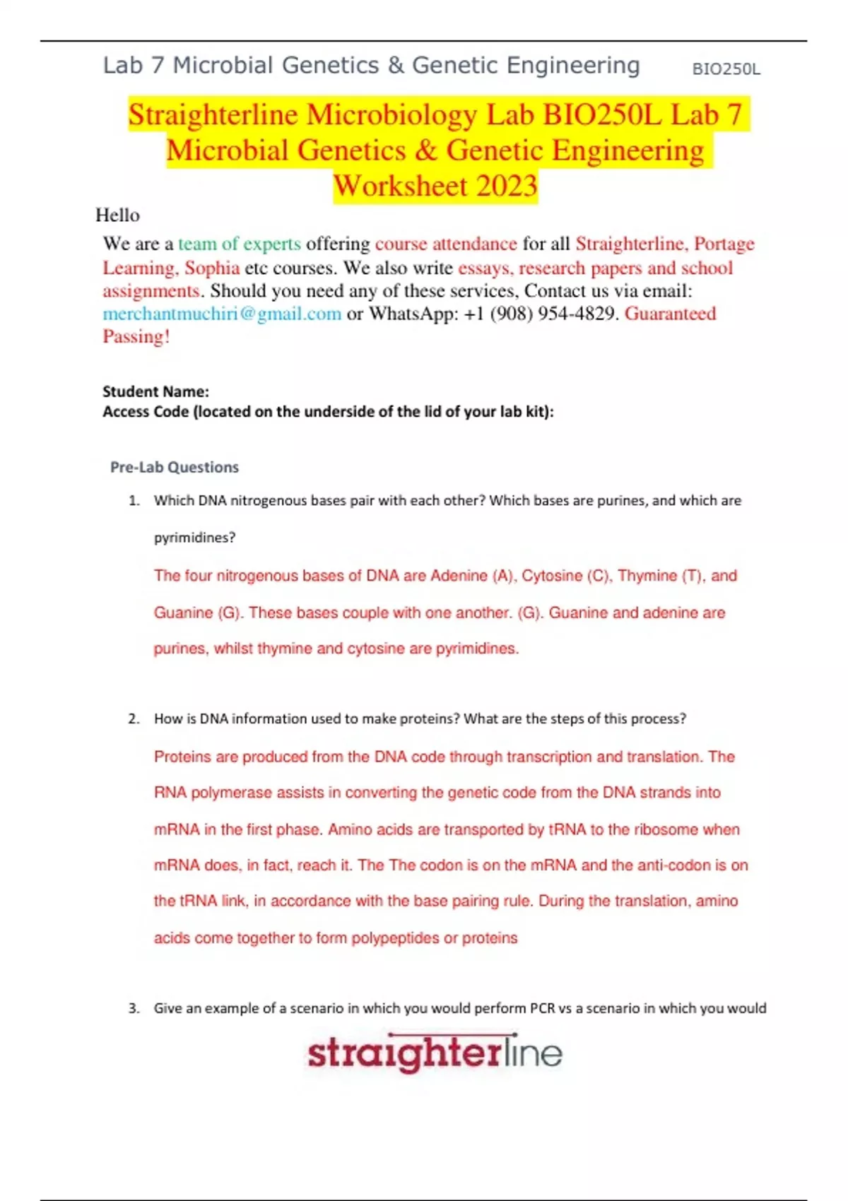 Straighterline Microbiology Lab BIO250L Lab 7 Microbial Genetics & Genetic Engineering Worksheet ...