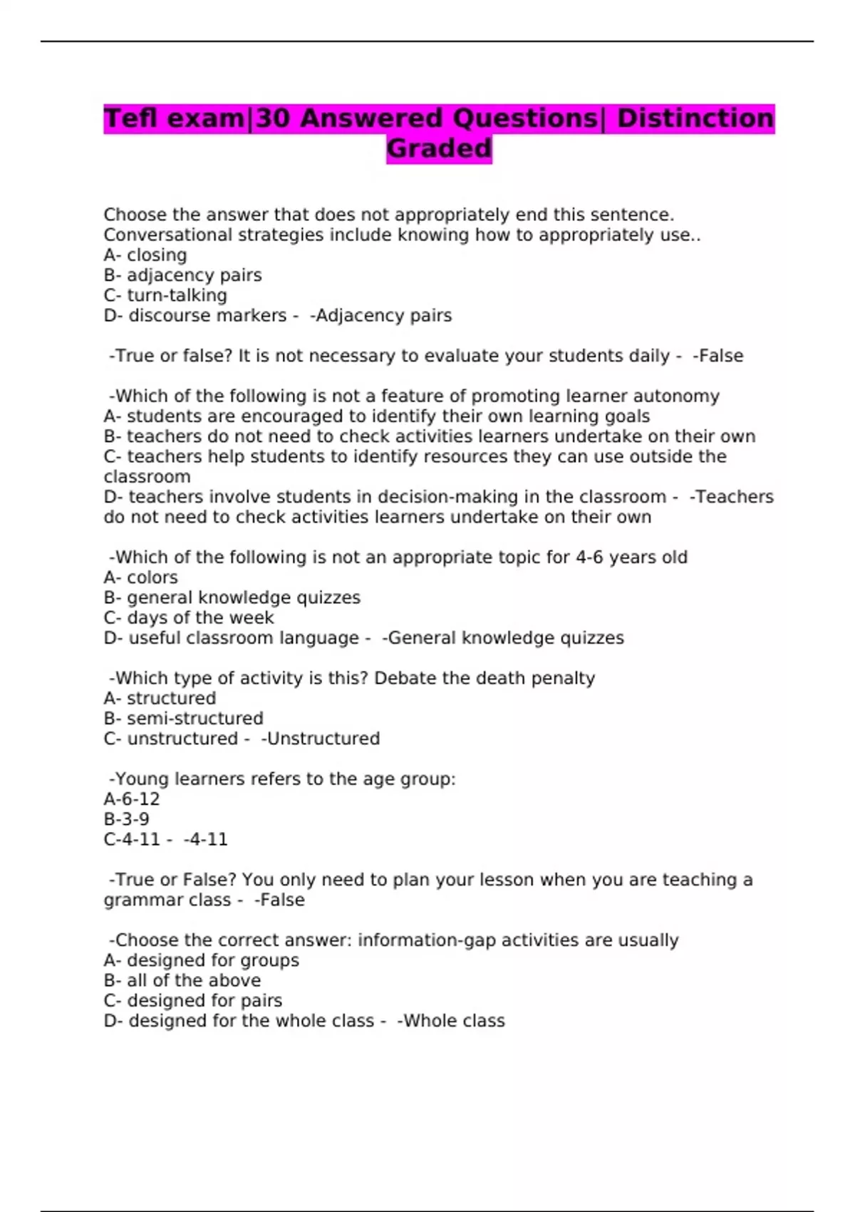Tefl exam|30 Answered Questions| Distinction Graded - Tefl - Stuvia US