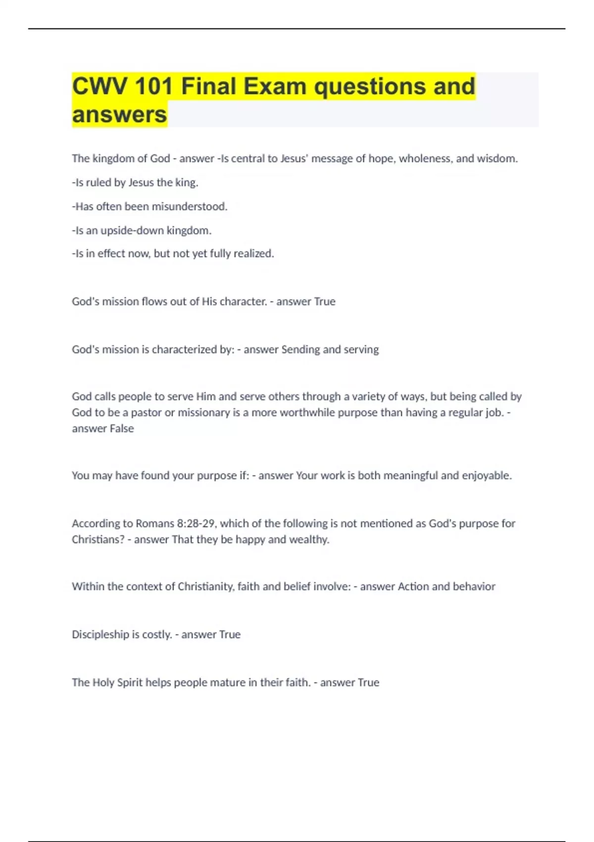 CWV 101 Final Exam questions and answers - CWV 101 - Stuvia US