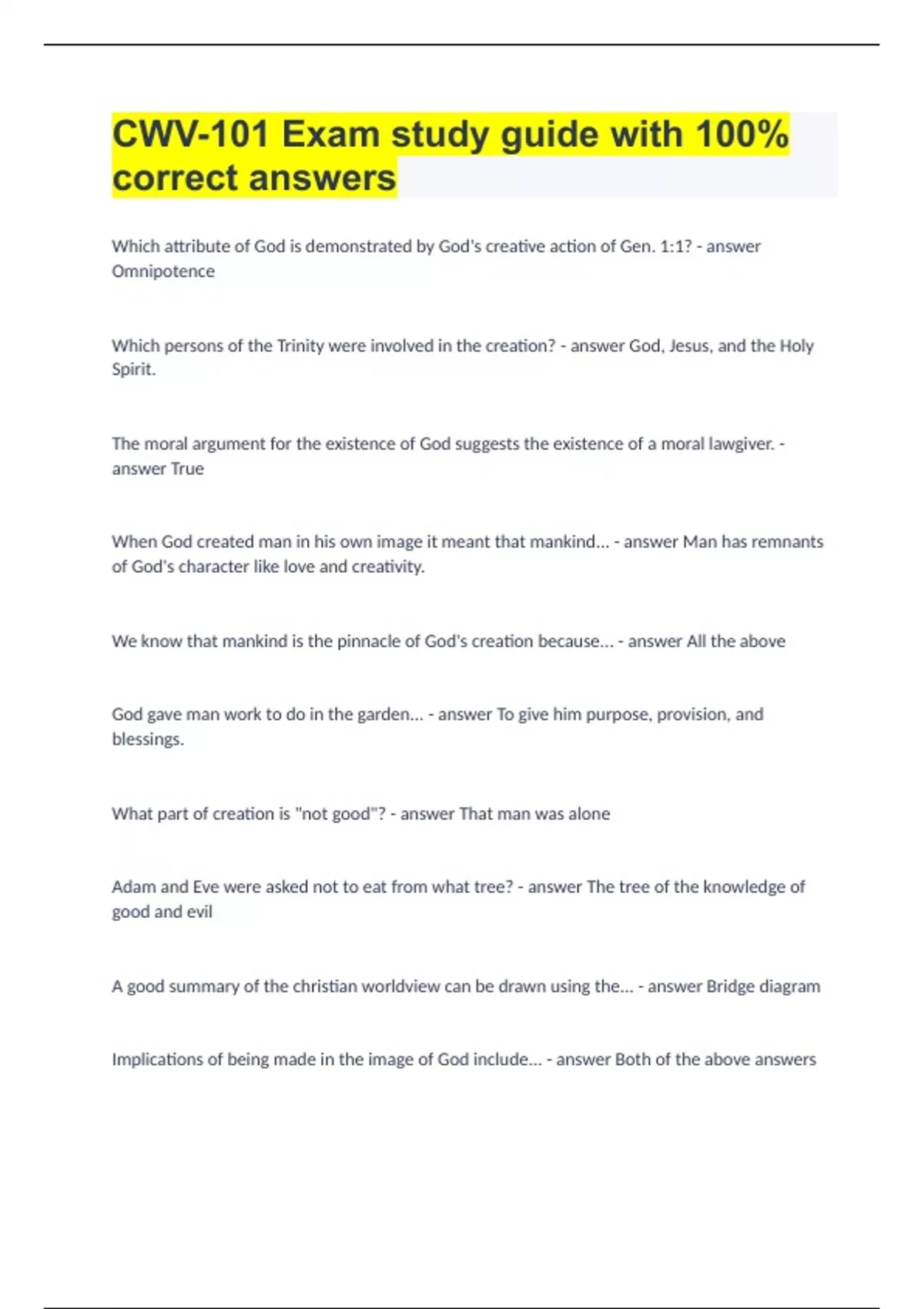 CWV-101 Exam study guide with 100% correct answers - CWV 101 - Stuvia US