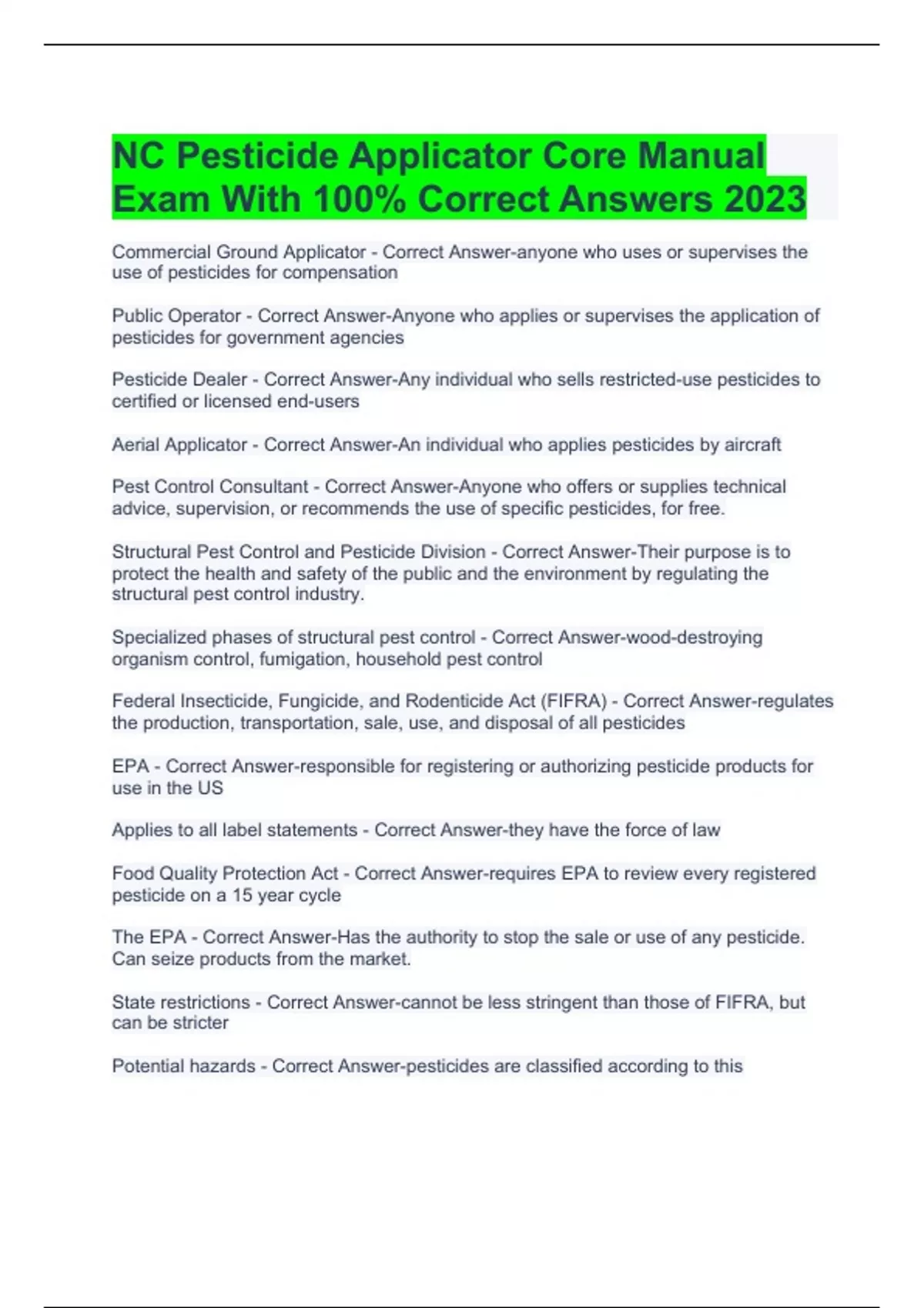 NC Pesticide Applicator Core Manual Exam With 100% Correct Answers 2023 ...