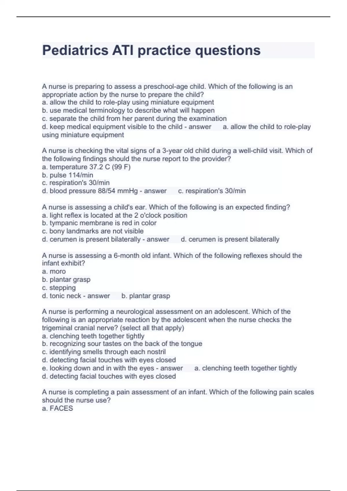 Pediatrics ATI practice questions with correct Answers 2023 - ATI PEDS ...