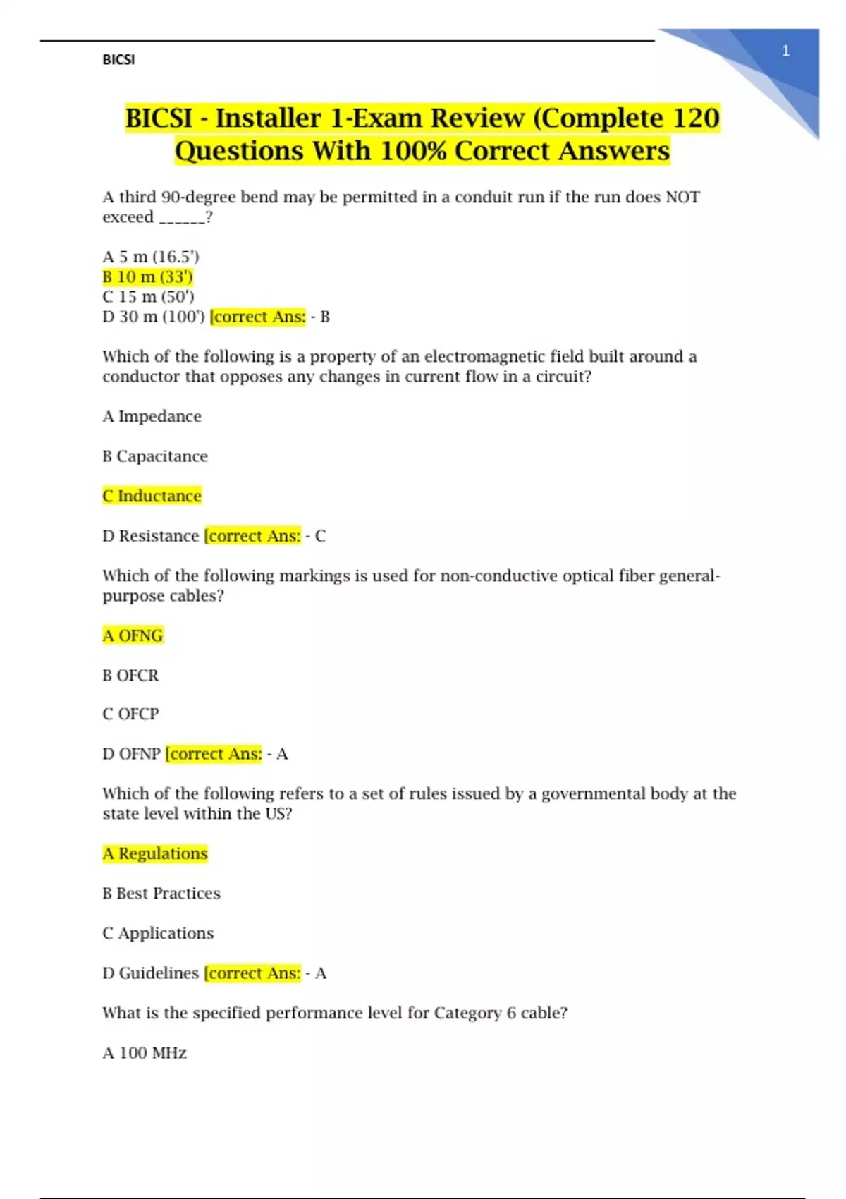 BICSI - Installer 1-Exam Review (Complete 120 Questions With 100% ...