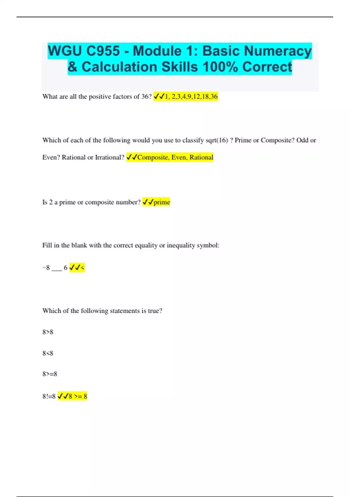 WGU C955 - Module 1: Basic Numeracy & Calculation Skills 100% Correct - WGU C955 - Stuvia US
