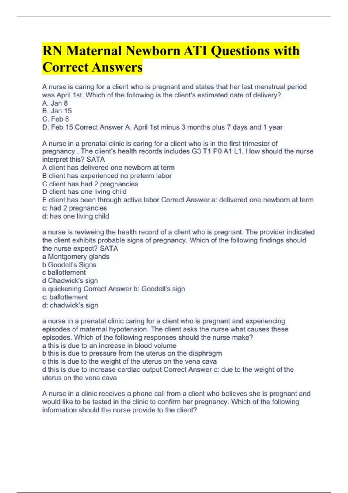 RN Maternal Newborn ATI Questions with Correct Answers - RN Maternal ...