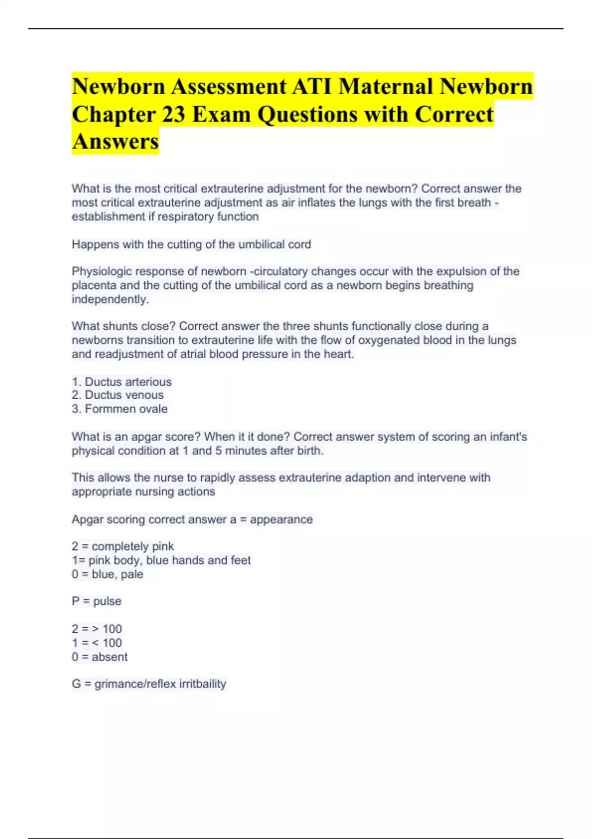 Newborn Assessment ATI Maternal Newborn Chapter 23 Exam Questions with ...