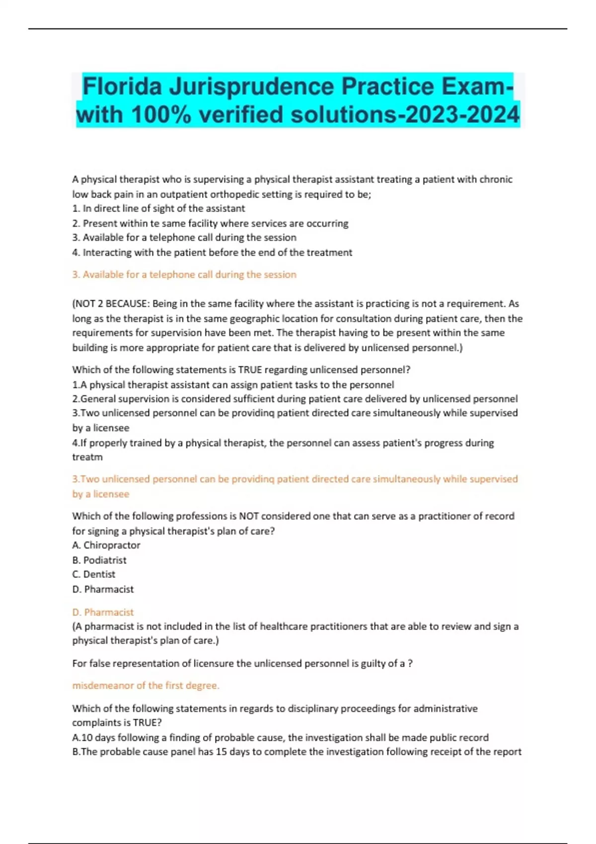 Florida Jurisprudence Practice Exam with 100% verified solutions ...