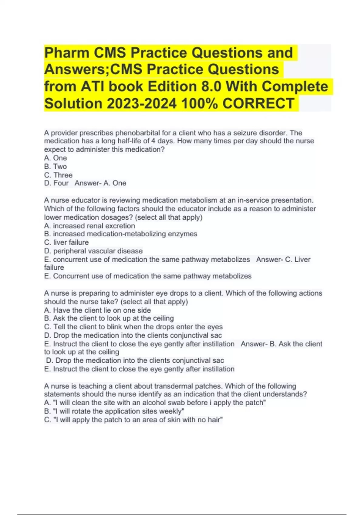 Pharm 2 CMS Practice A | Exam Questions With Answers and Rationales ...