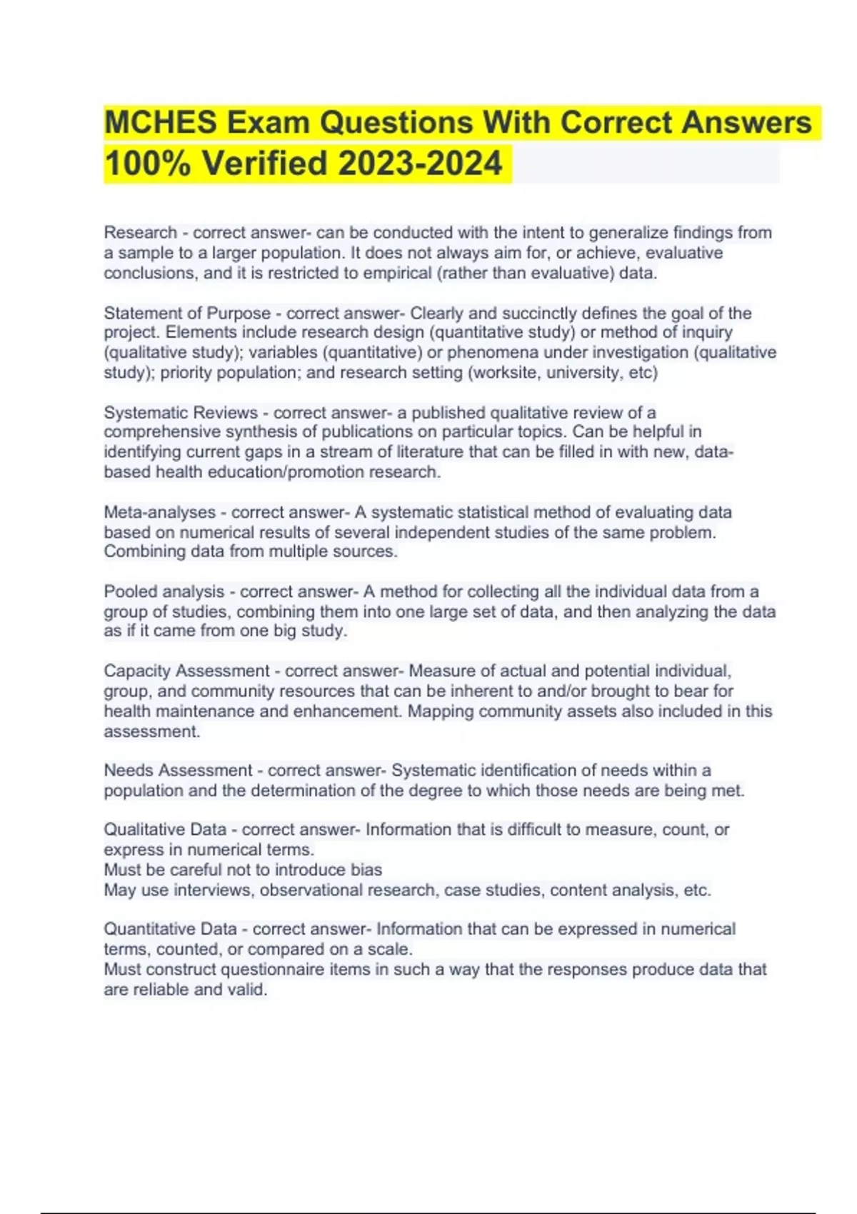 MCHES Exam Questions With Correct Answers Latest Updated | 100% ...