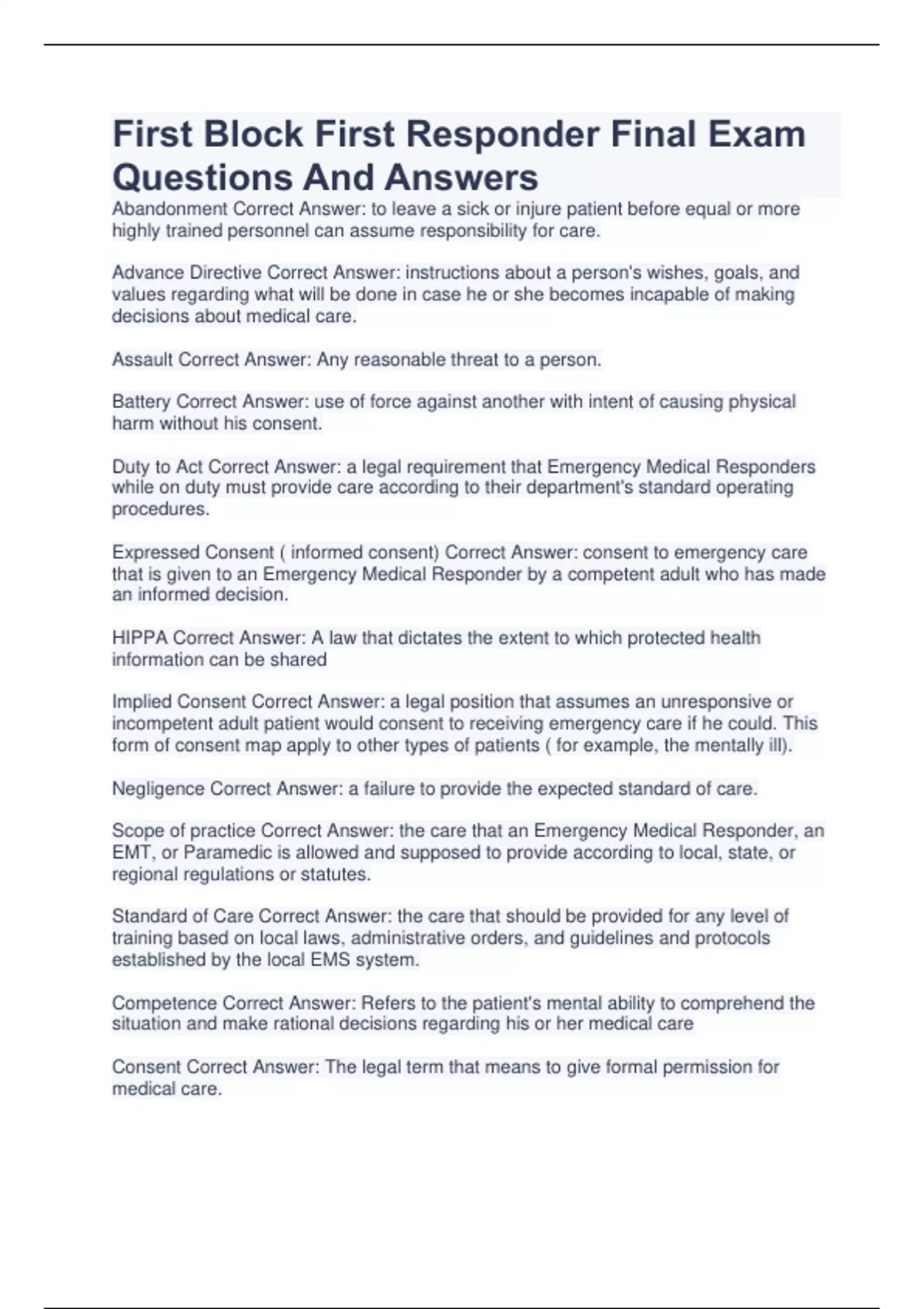 First Block First Responder Final Exam Questions And Answers - First ...