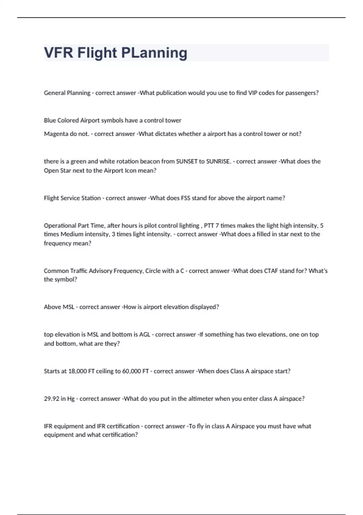 VFR Flight PLanning exam 2023 with 100% correct answers - VFR - Stuvia US