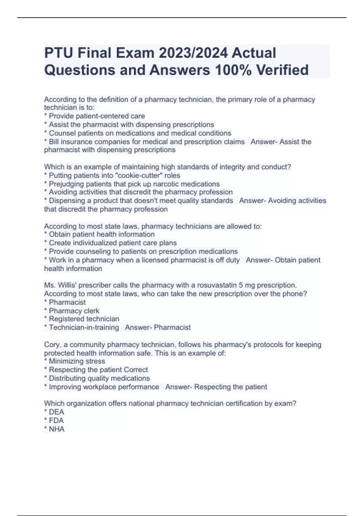 PTU Final Exam 2023/2024 Actual Questions and Answers 100% Verified - Rite Aid PTU - Stuvia US