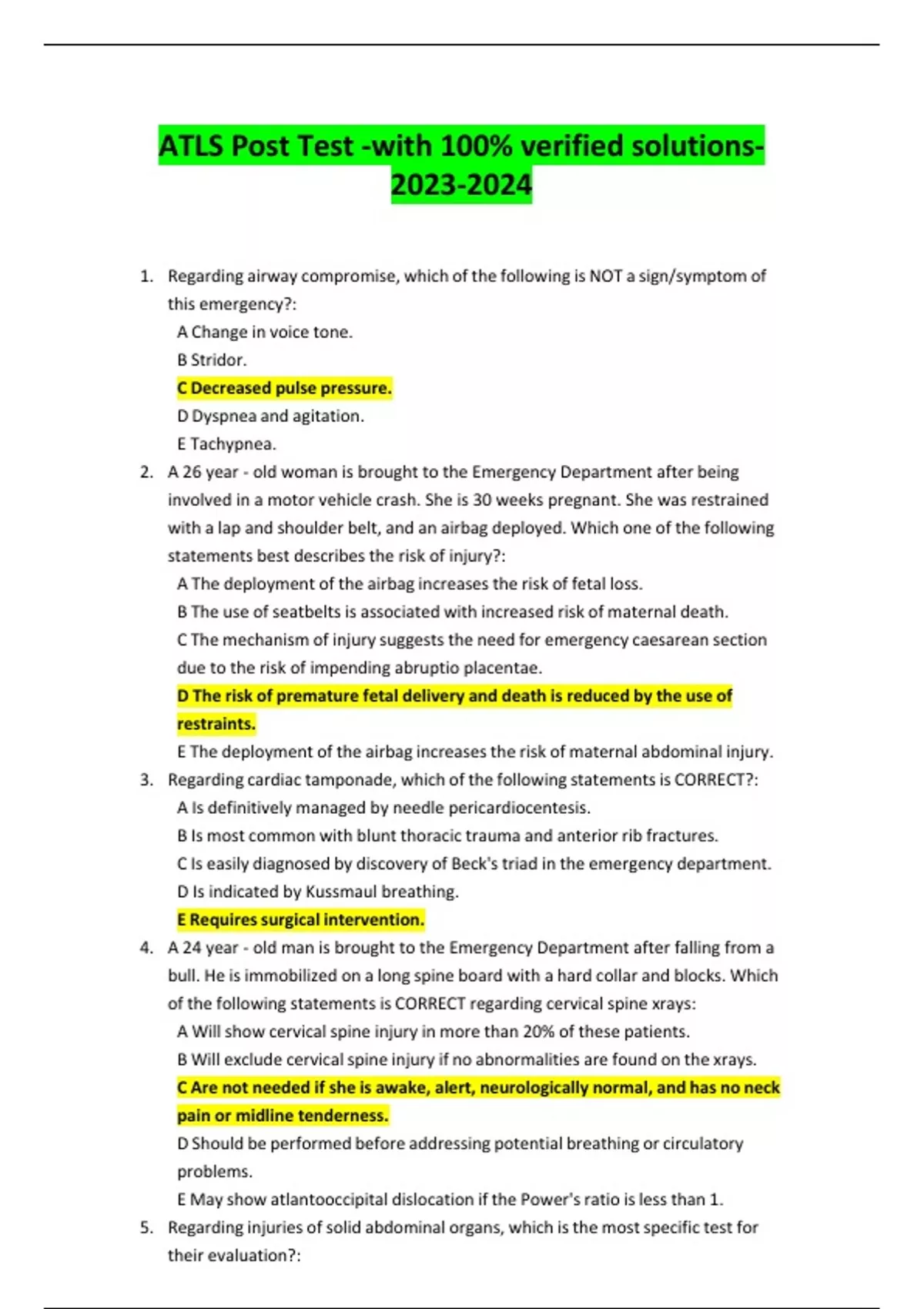 ATLS Post Test with 100 Verified Solutions ATLS Stuvia US