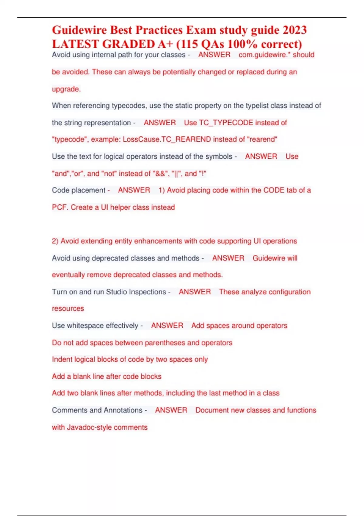 Guidewire Best Practices Exam study guide 2023 With Complete Solution ...