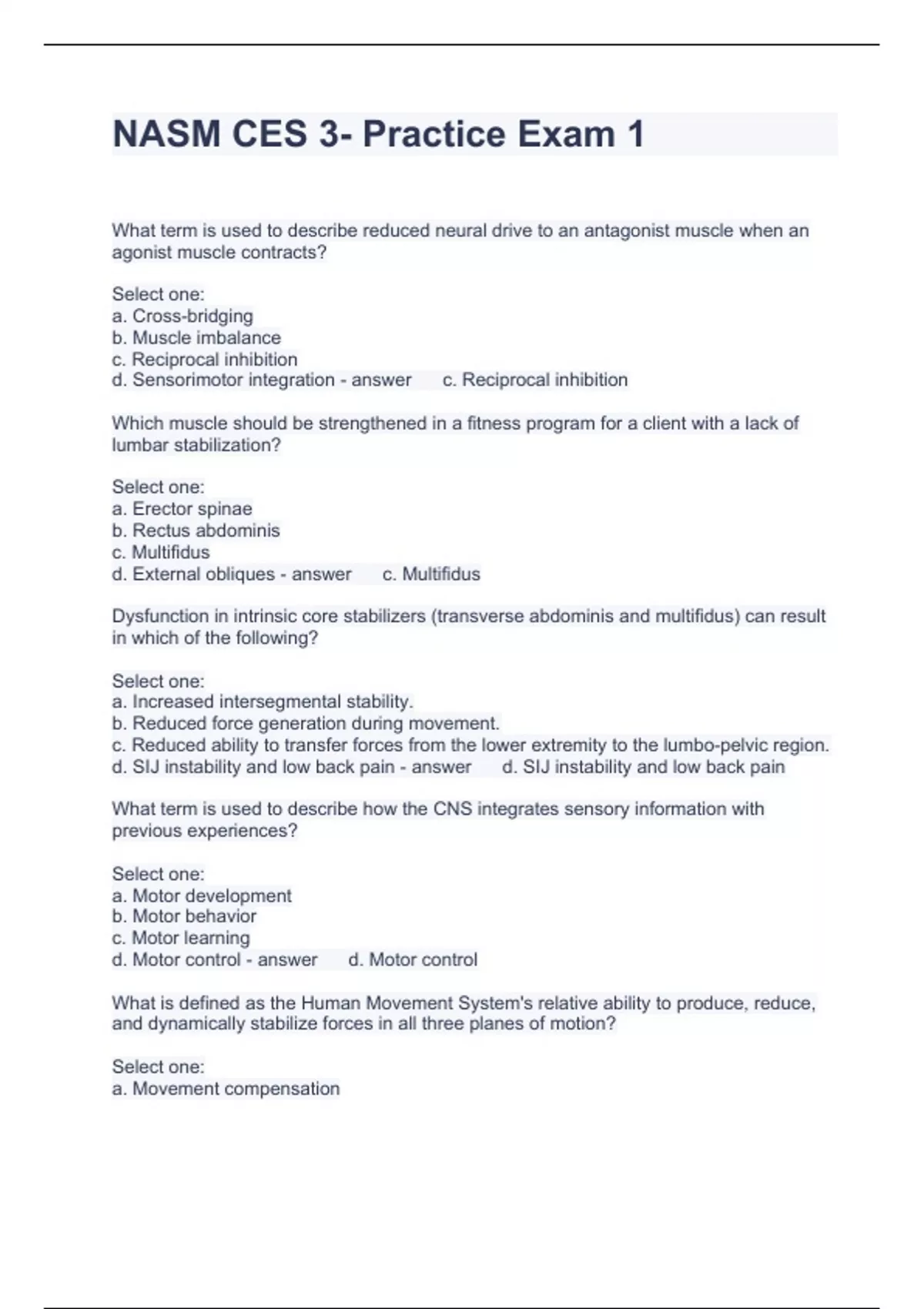 NASM CES 3 Exam1 Questions with correct Answers 2023 - NASM Ces - Stuvia US