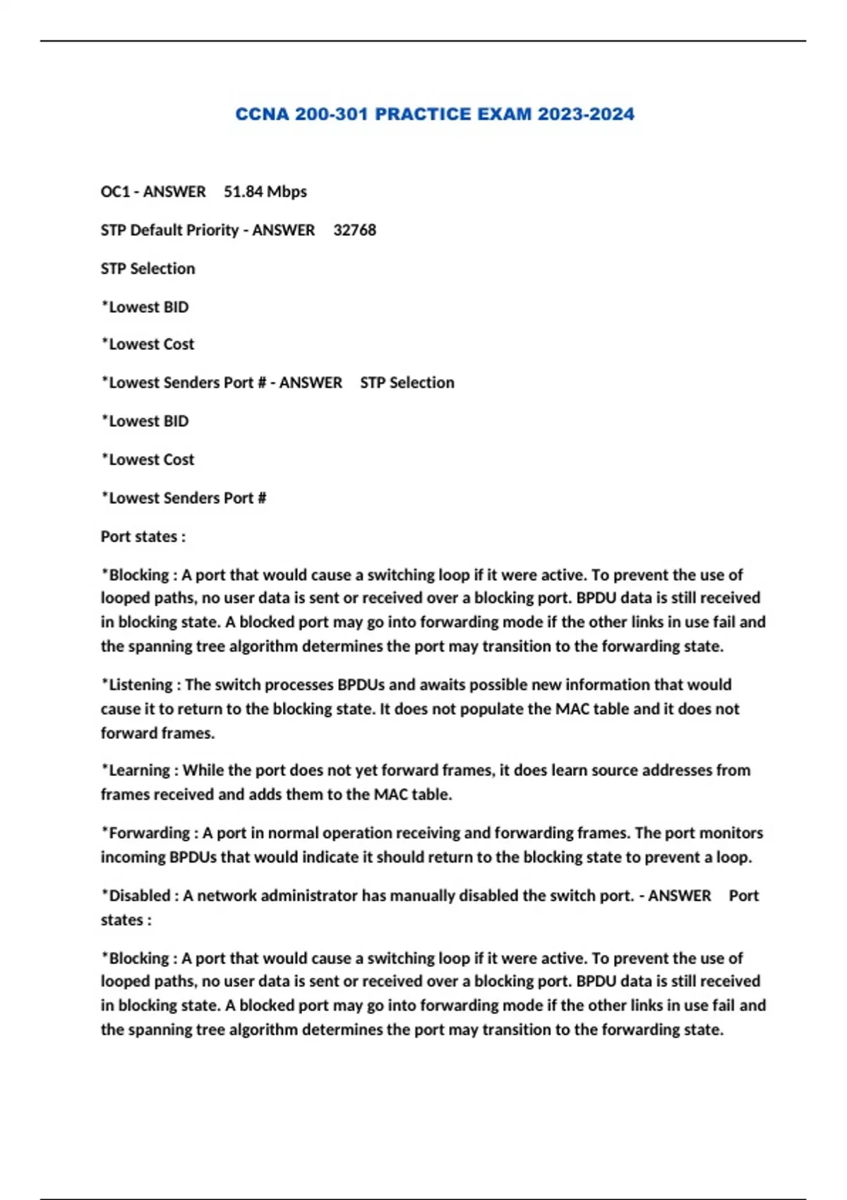 CCNA 200-301 PRACTICE EXAM - CCNA 200-301 - Stuvia US