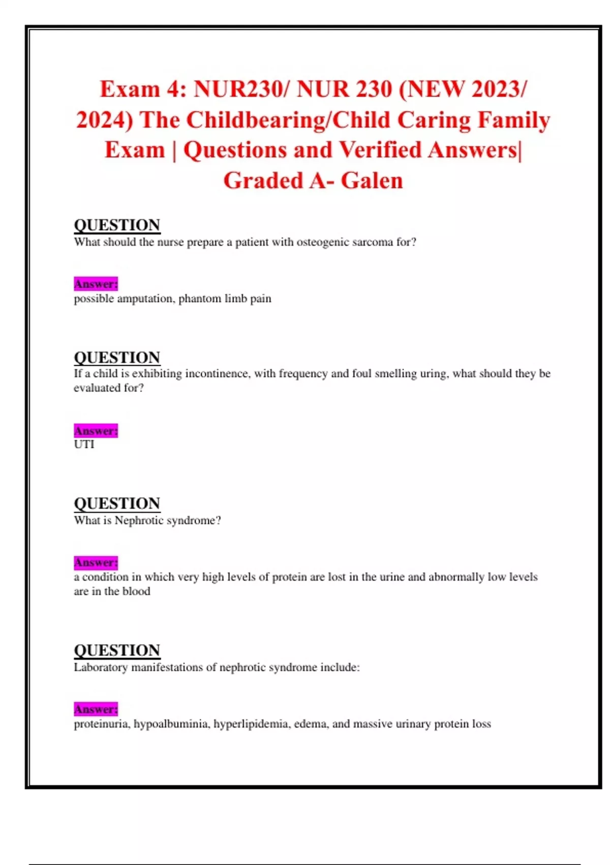 Exam 4: NUR230/ NUR 230 (NEW 2023/ 2024 UPDATES BUNDLED TOGETHER) The ...