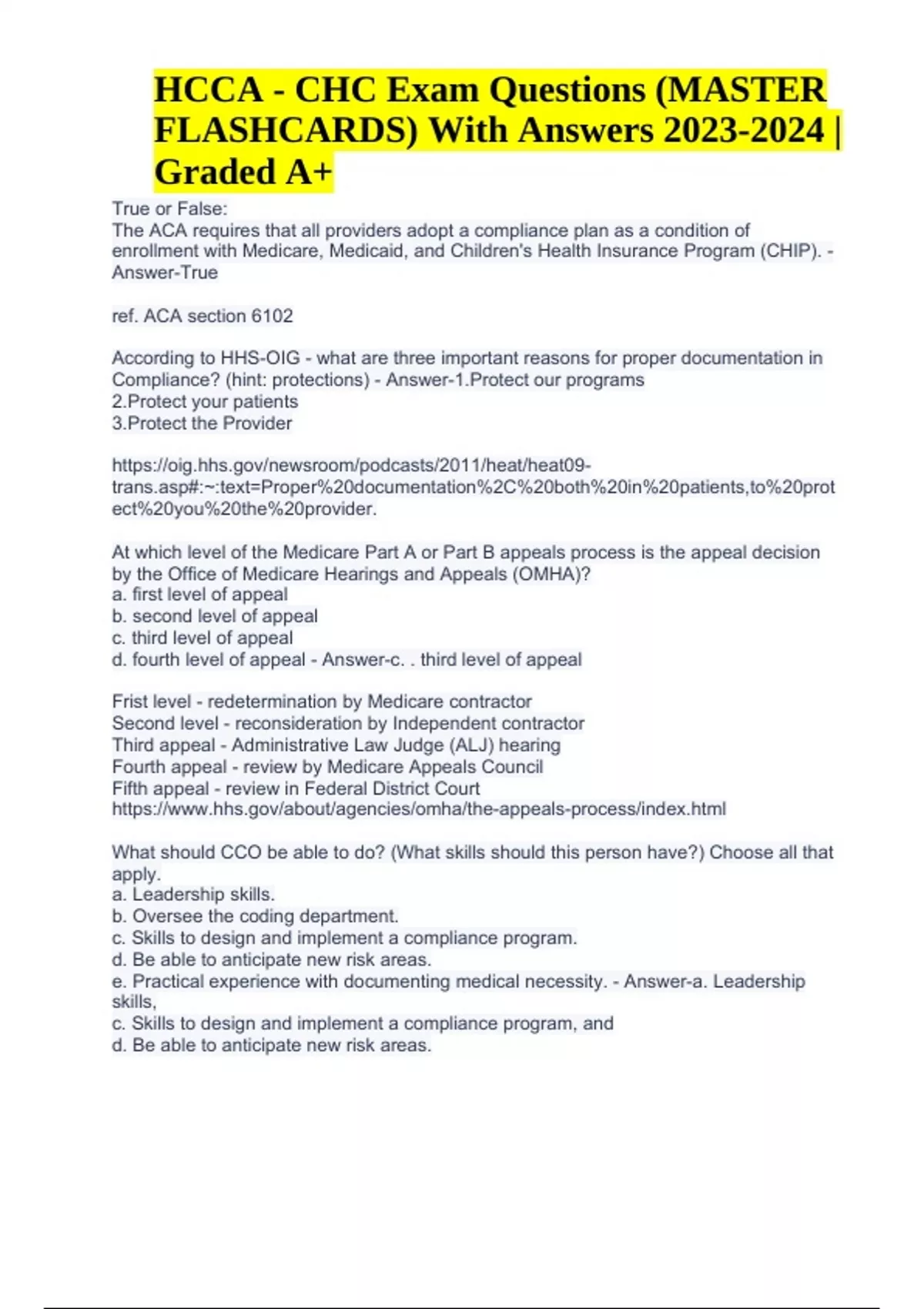 HCCA CHC Final Exam Practice Questions With Answers (MASTER FLASHCARDS ...