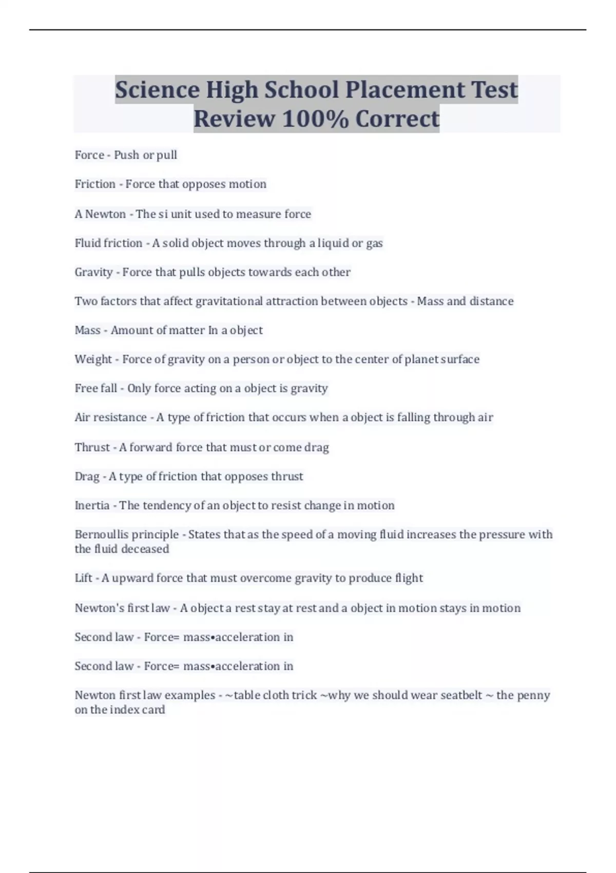 Science High School Placement Test Review 100% Correct - HSPT - Stuvia US