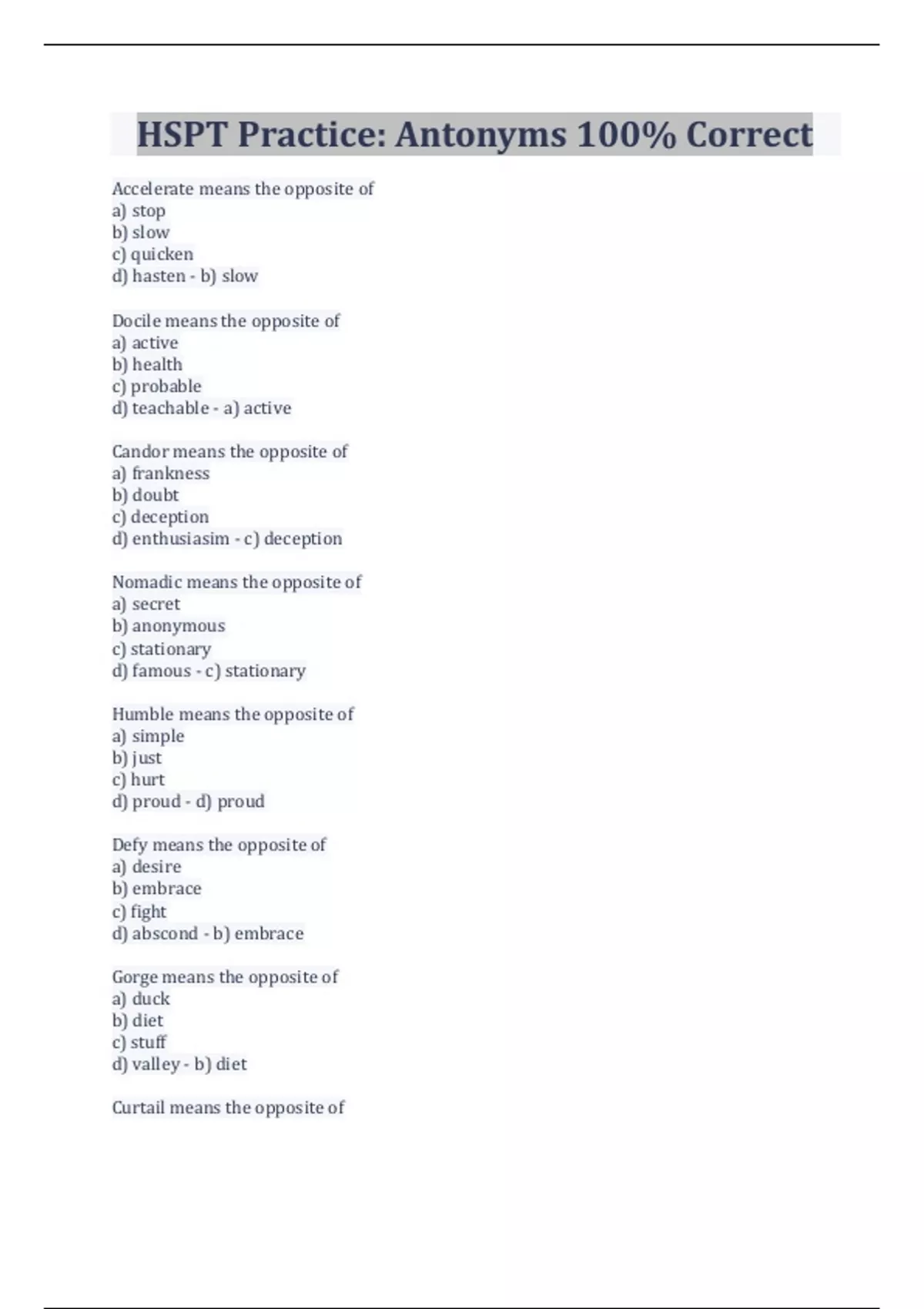 HSPT Practice: Antonyms 100% Correct - HSPT - Stuvia US