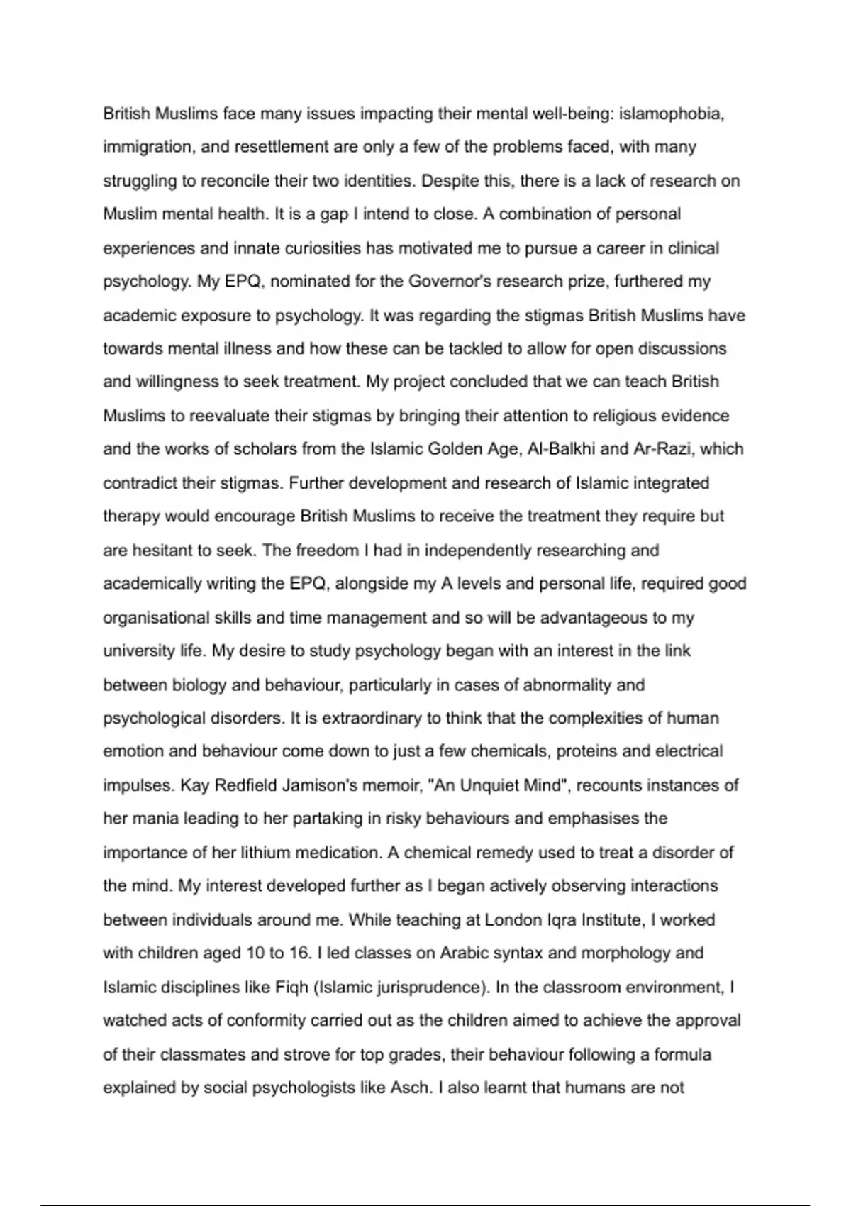 Successful personal Statement for UCAS-psychology - Behaviour - Stuvia UK