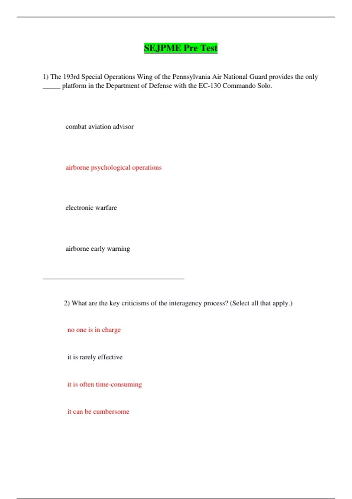 SEJPME II Pre Test (Version 1, Newest): Senior Enlisted Joint ...