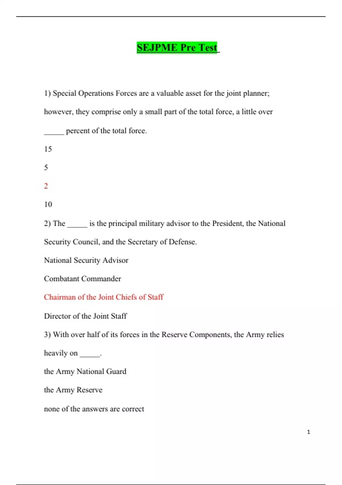 SEJPME II Pre Test (Version 2, Newest): Senior Enlisted Joint ...