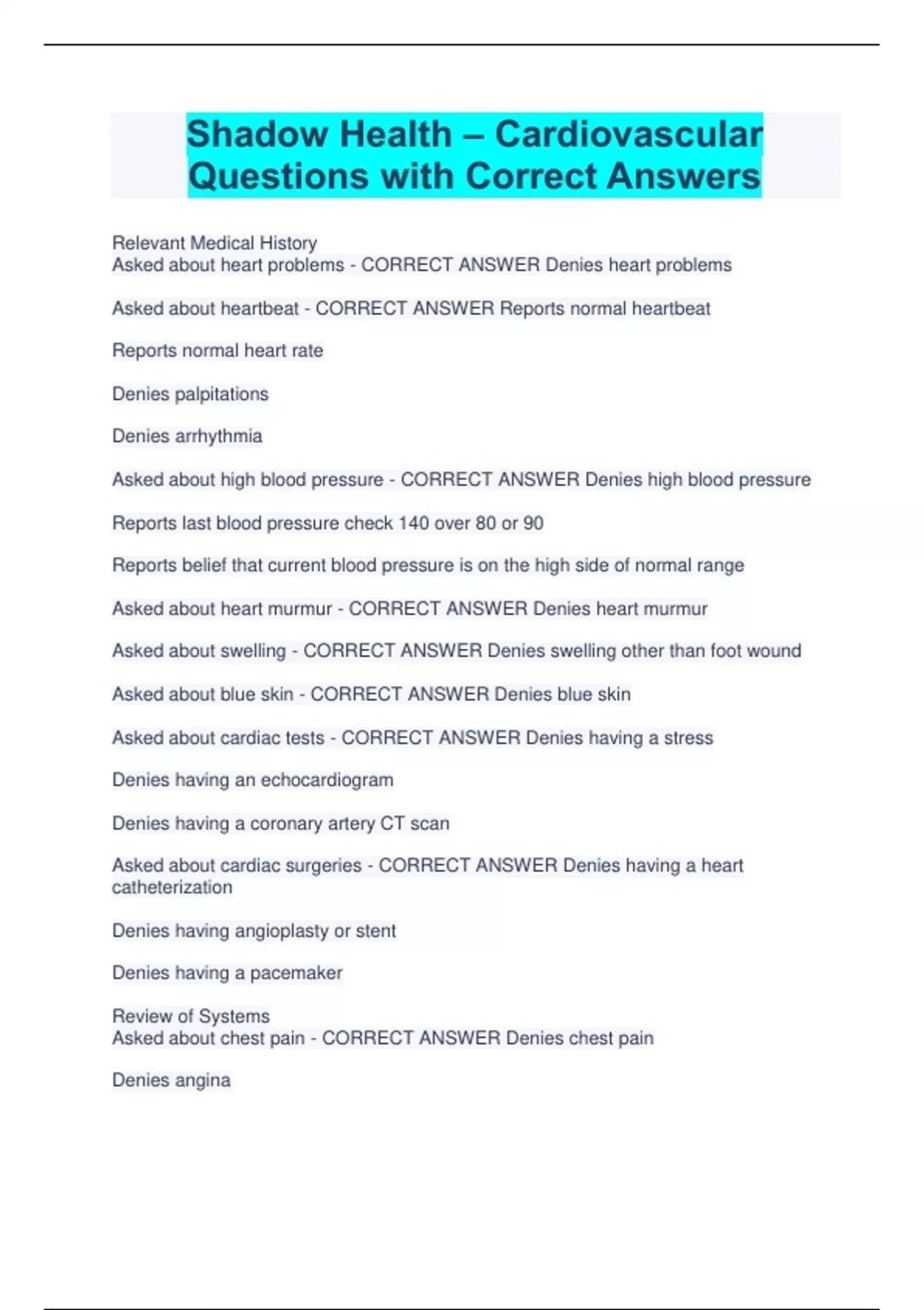 Shadow Health – Cardiovascular Questions with Correct Answers - Shadow Health – Cardiovascular ...