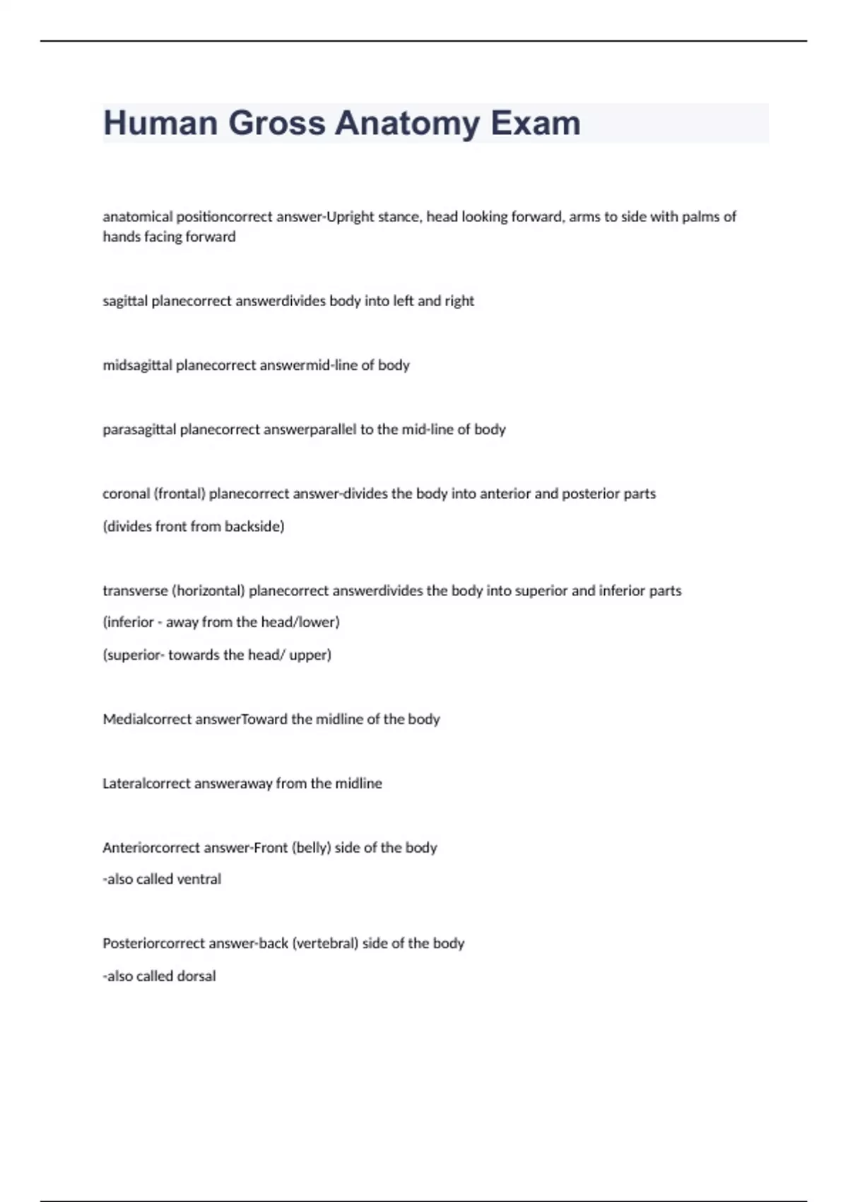 Human Gross Anatomy Exam with correct answers - Human Gross Anatomy ...