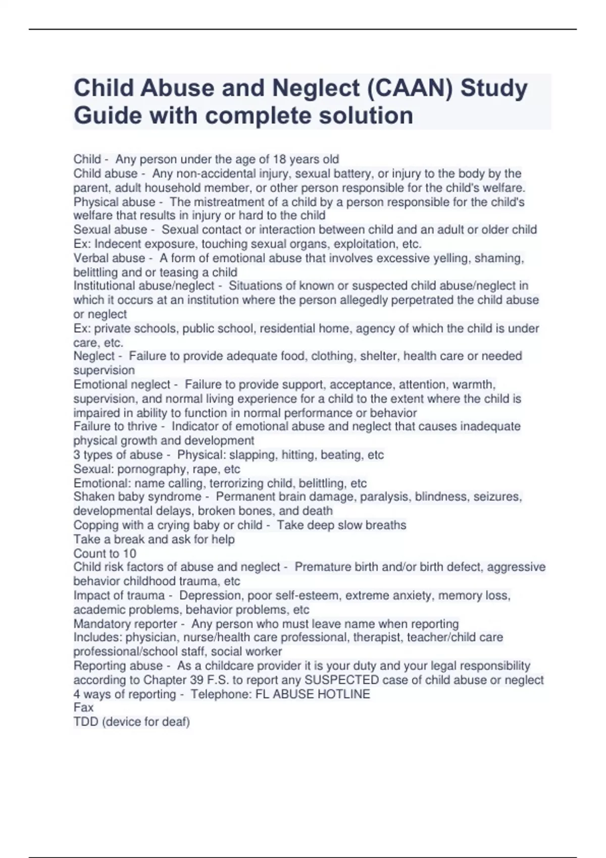 Child Abuse and Neglect (CAAN) Study Guide with complete solution ...