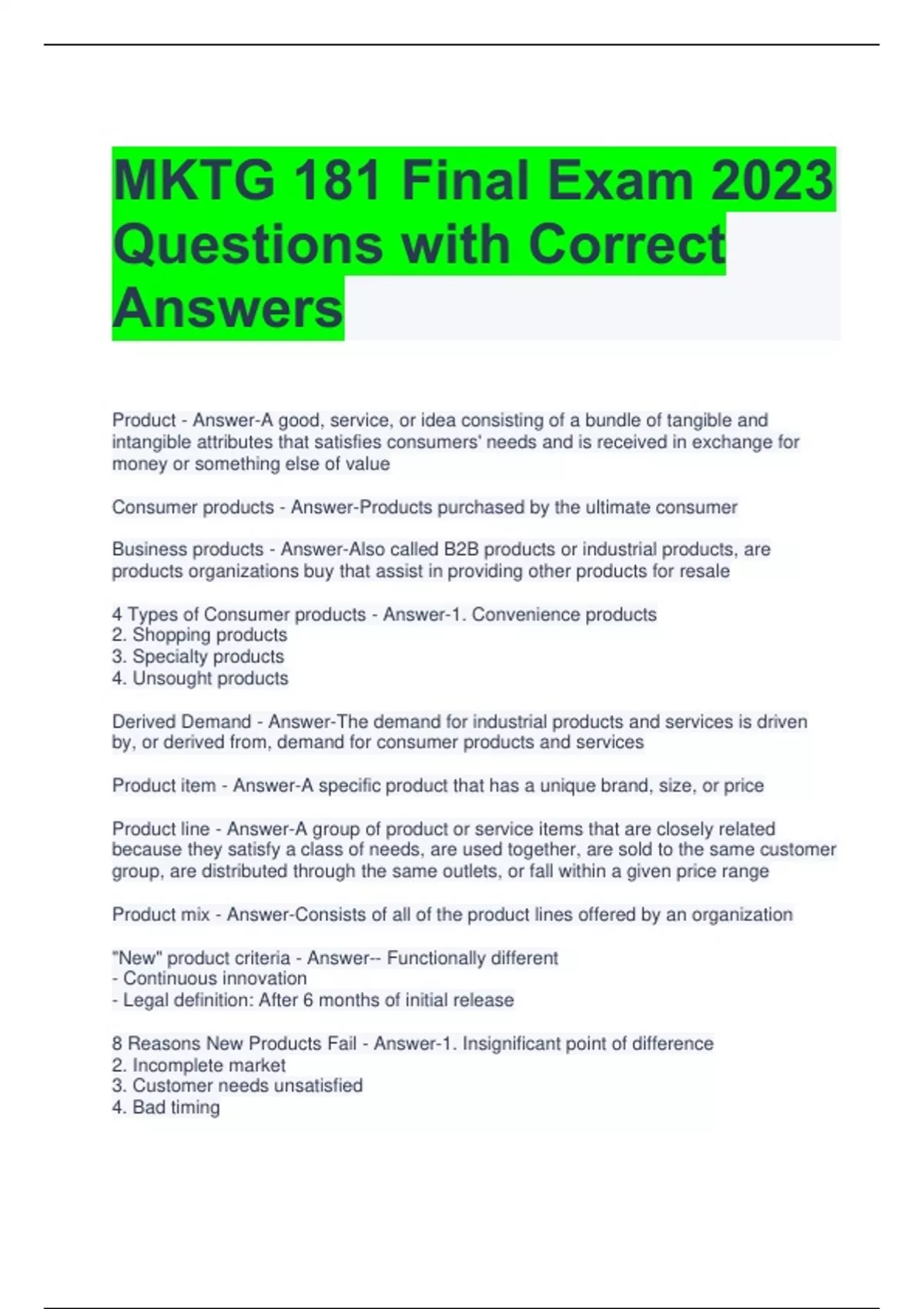 MKTG 181 Final Exam 2023 Questions with Correct Answers - MKTG 181 ...