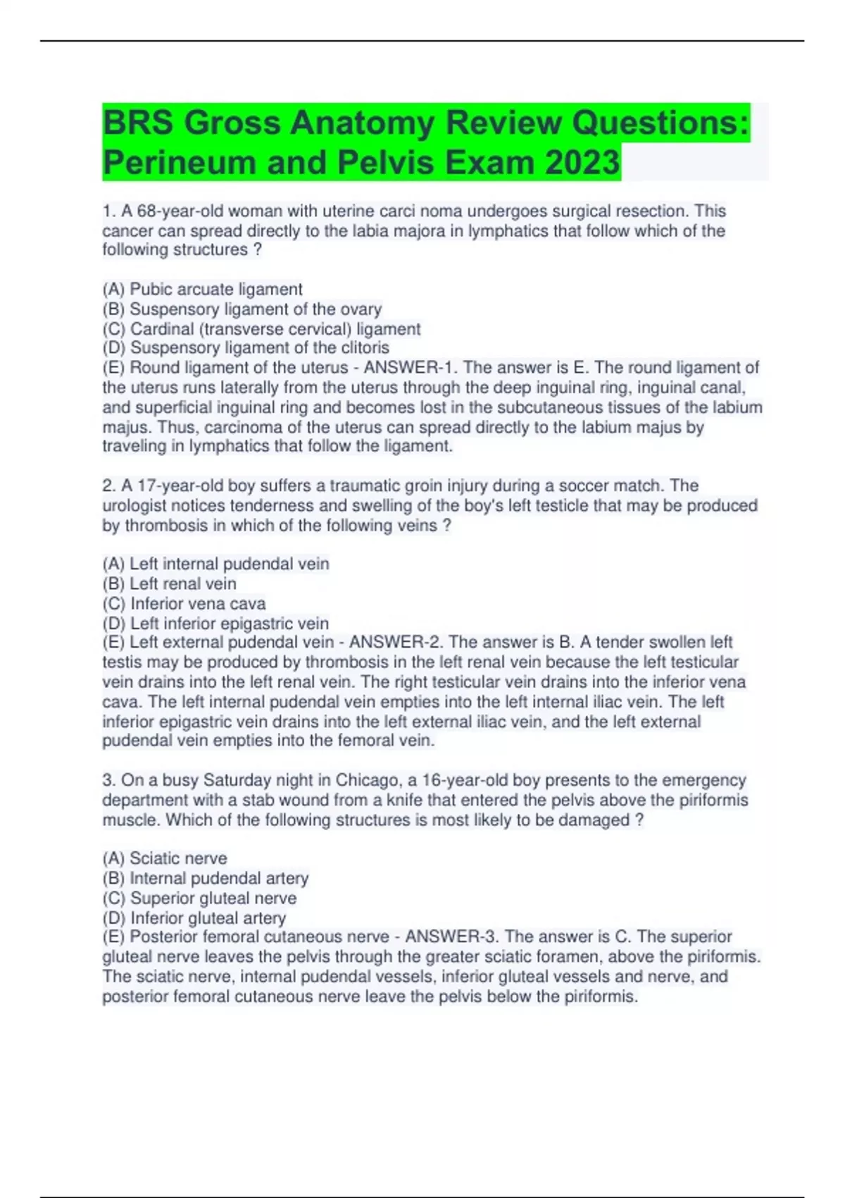 BRS Gross Anatomy Review Questions: Perineum and Pelvis Exam 2023 - BRS ...
