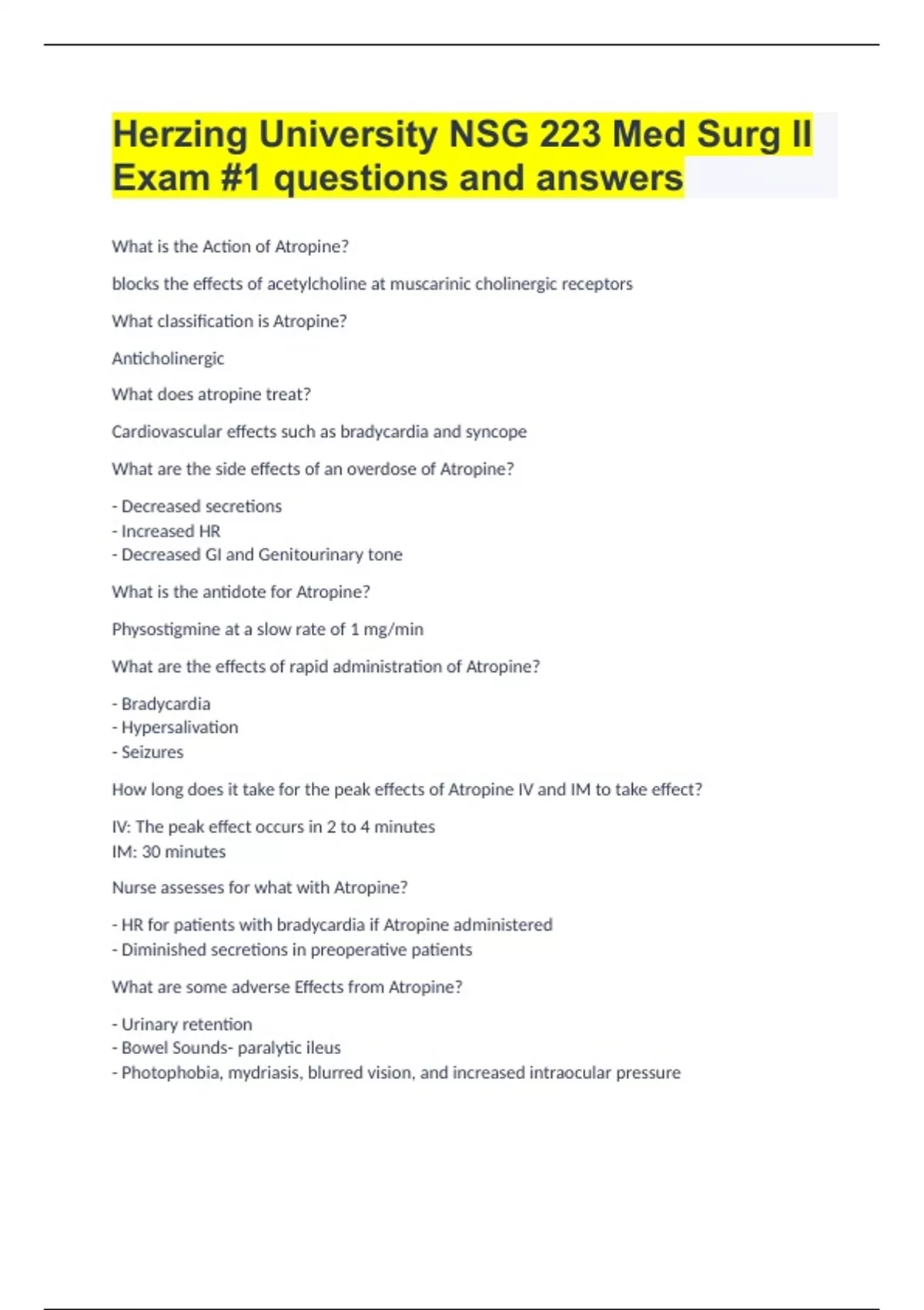 Herzing University NSG 223 Med Surg II Exam #1 questions and answers - NSG 233 MEDSURG - Stuvia US