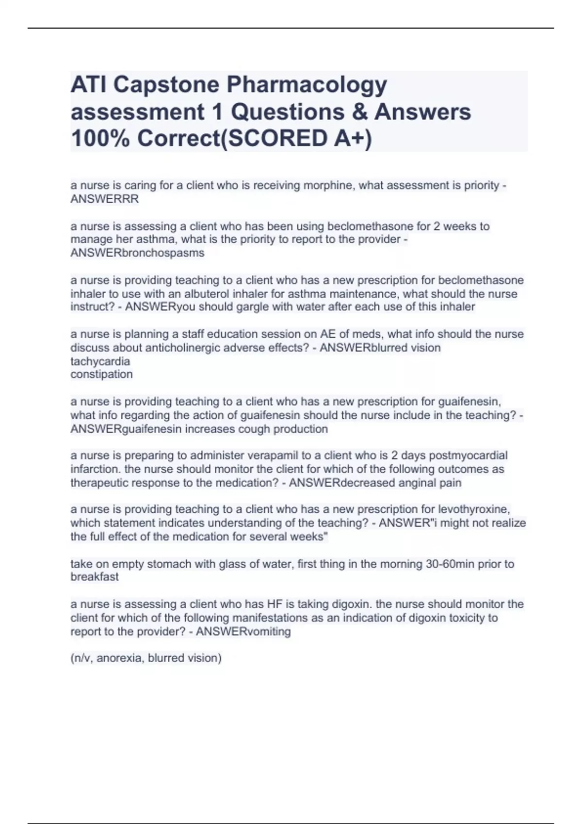 ATI Capstone Pharmacology assessment 1 Questions & Answers 100% Correct ...