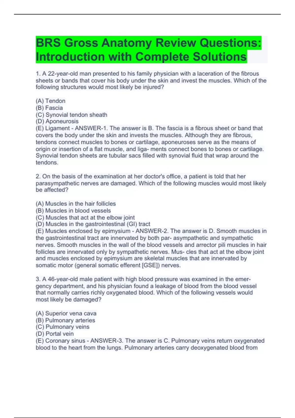 BRS Gross Anatomy Review Questions: Introduction with Complete ...