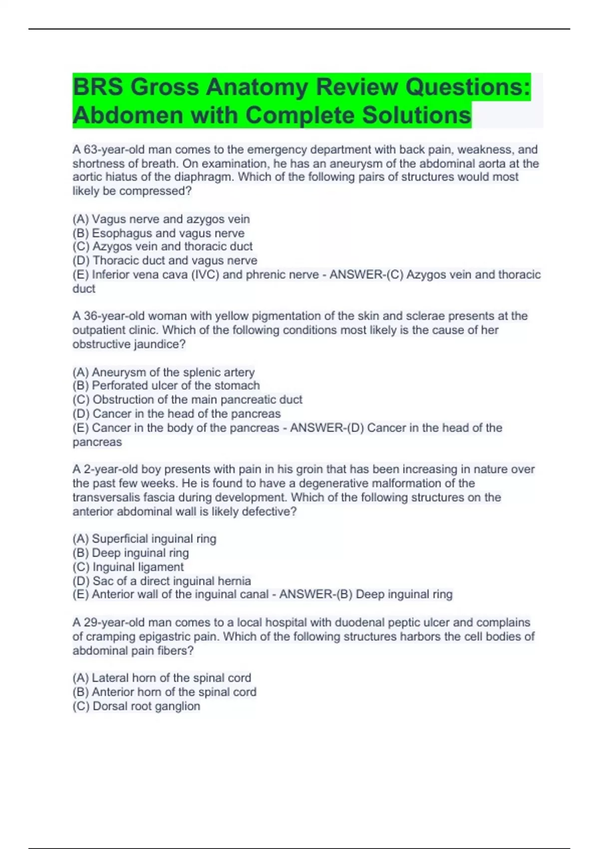 BRS Gross Anatomy Review Questions: Abdomen with Complete Solutions ...