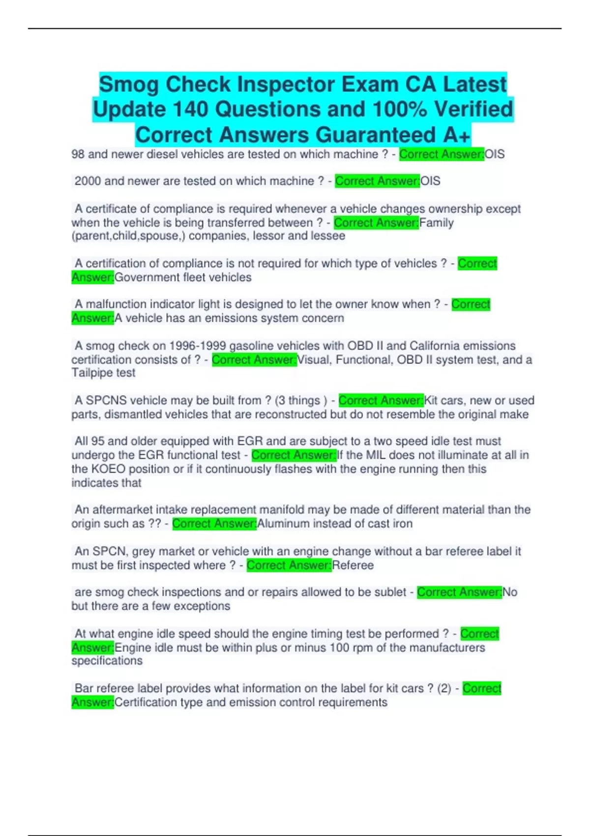 Smog Check Inspector Exam CA Latest Update 140 Questions and 100% ...