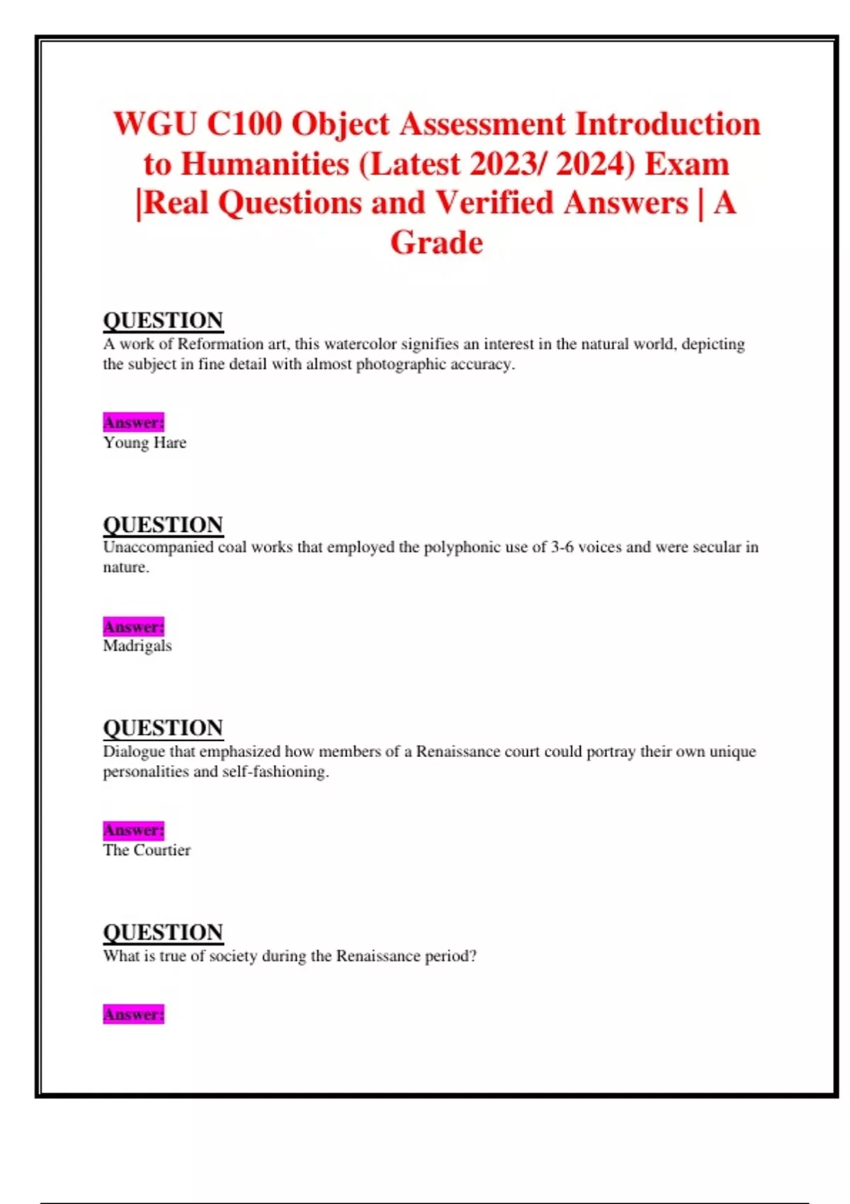 WGU C100 Object Assessment Introduction to Humanities (Latest 2023/ ...