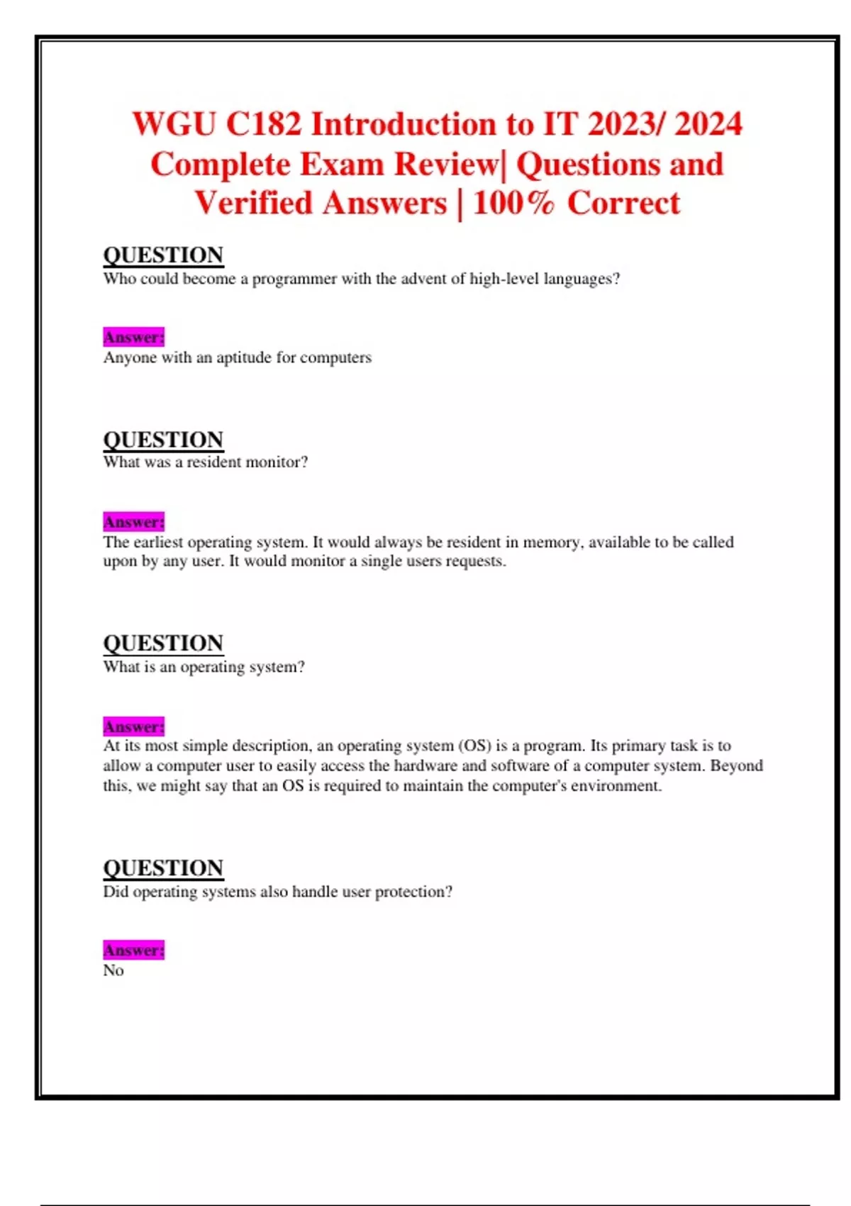 WGU C182 Introduction to IT 2023/ 2024 Complete Exam Review| Questions ...