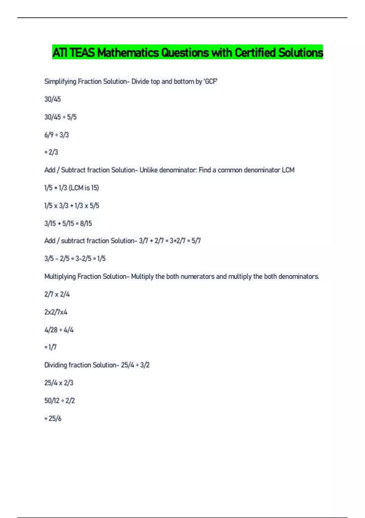 ATI TEAS Mathematics Questions with Certified Solutions - ATI TEAS ...