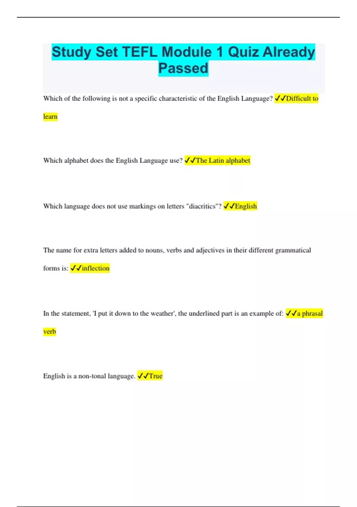 Study Set TEFL Module 1 Quiz Already RATED A+ 2023|2024 UPDATE - TEFL Module 1 - Stuvia US