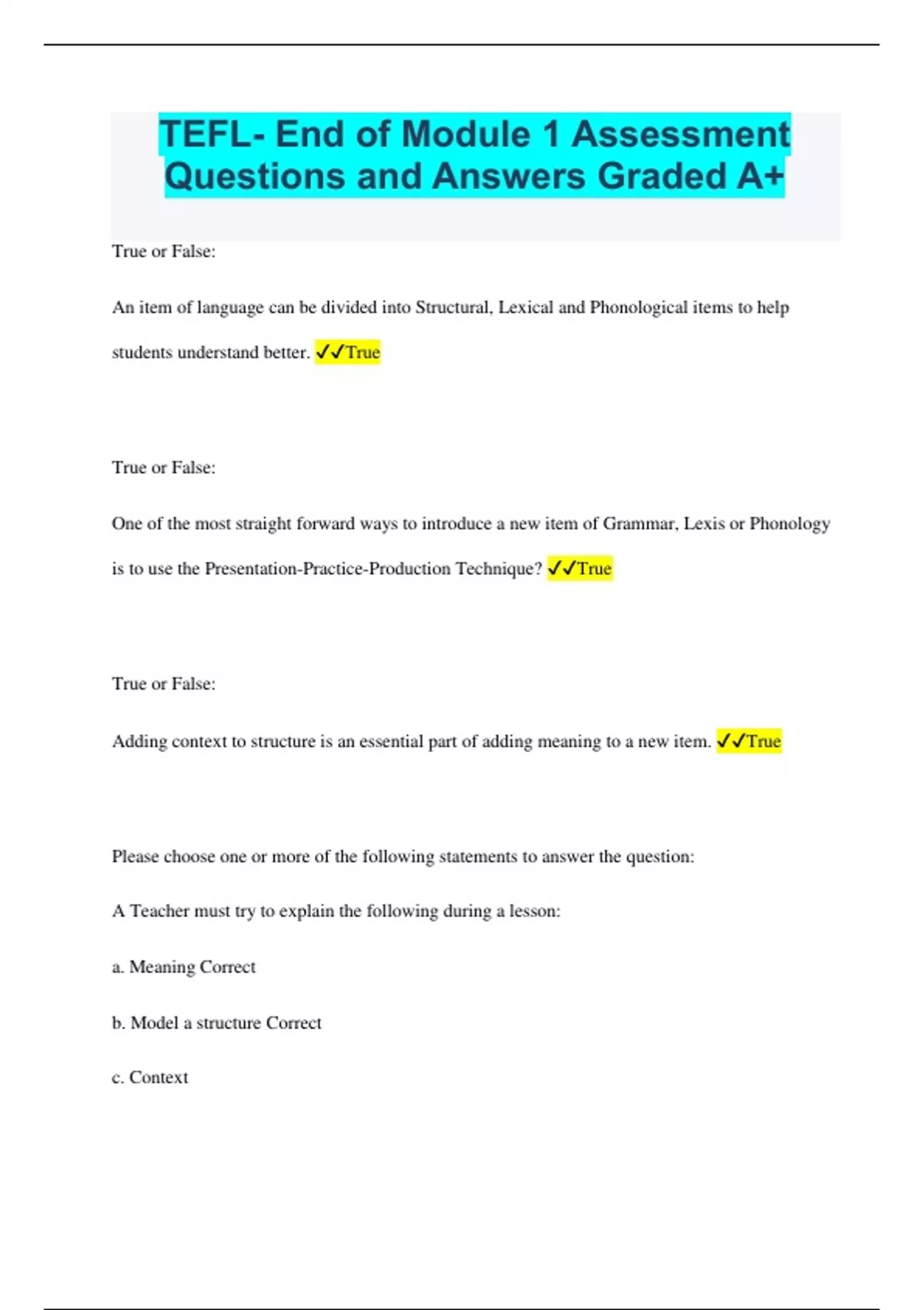 TEFL- End of Module 1 Assessment Questions and Answers Graded A+ 2023|2024 UPDATE - TEFL ...