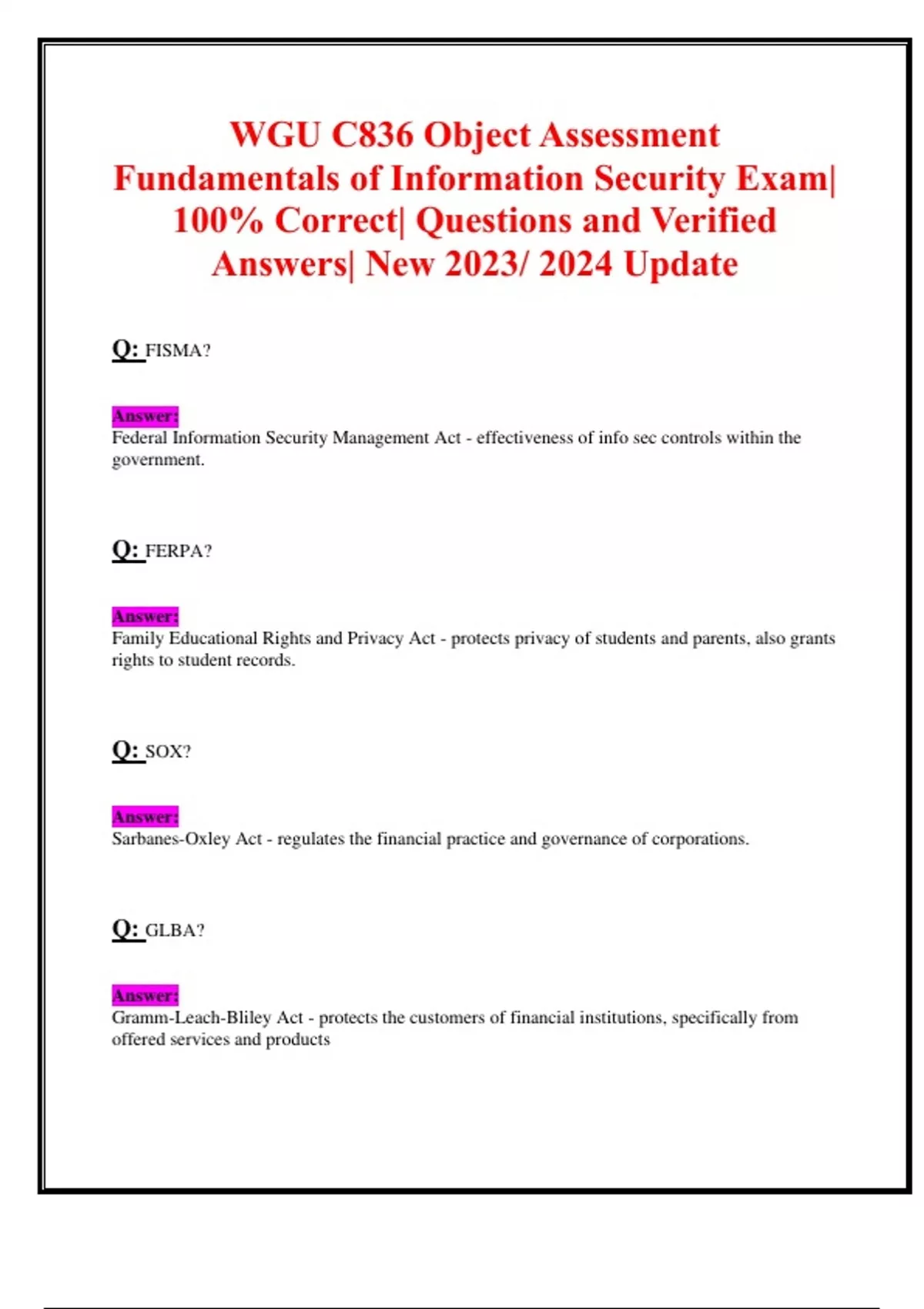 Wgu C836 Object Assessment Fundamentals Of Information Security Exam