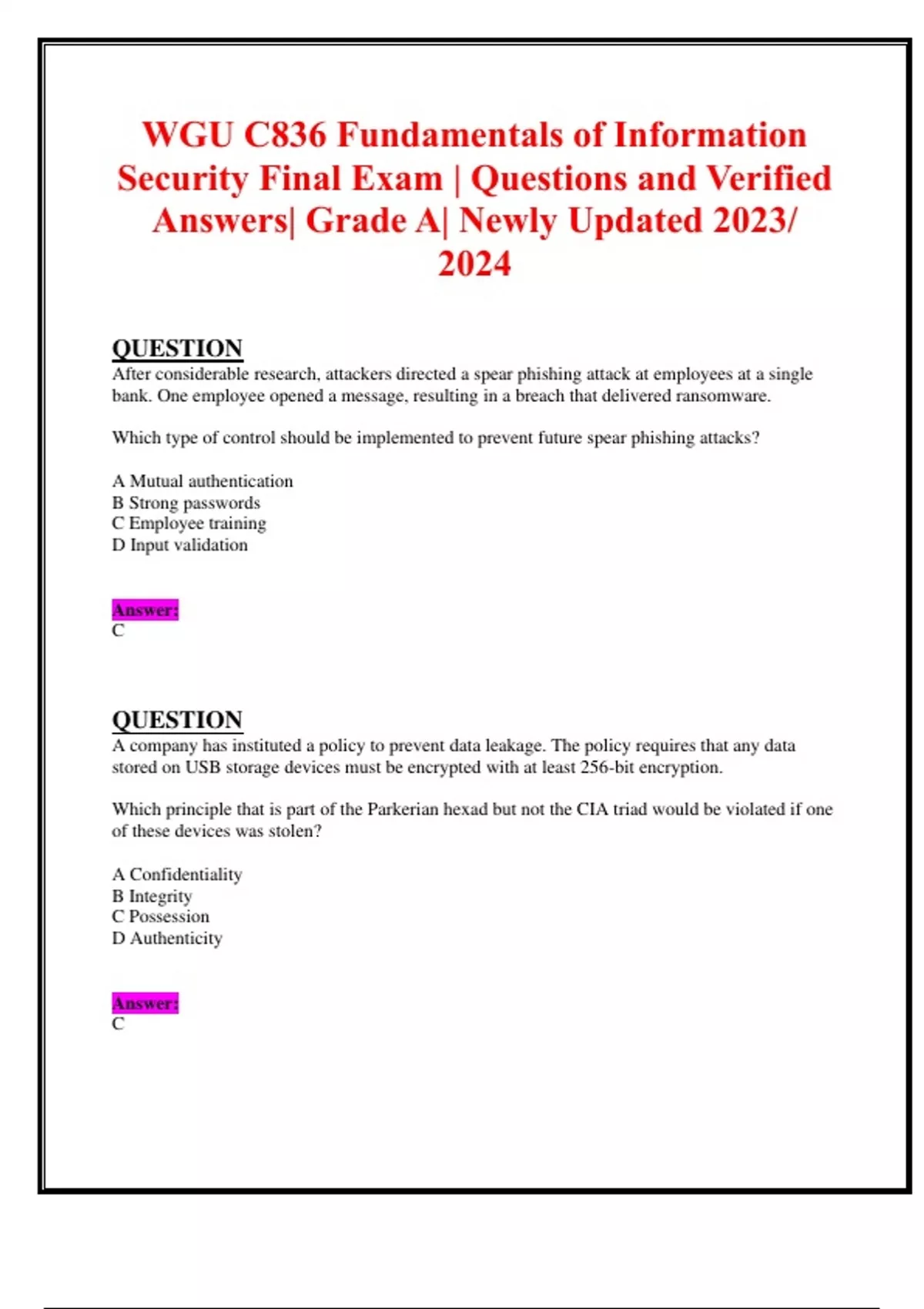 Wgu C836 Fundamentals Of Information Security Final Exam Questions