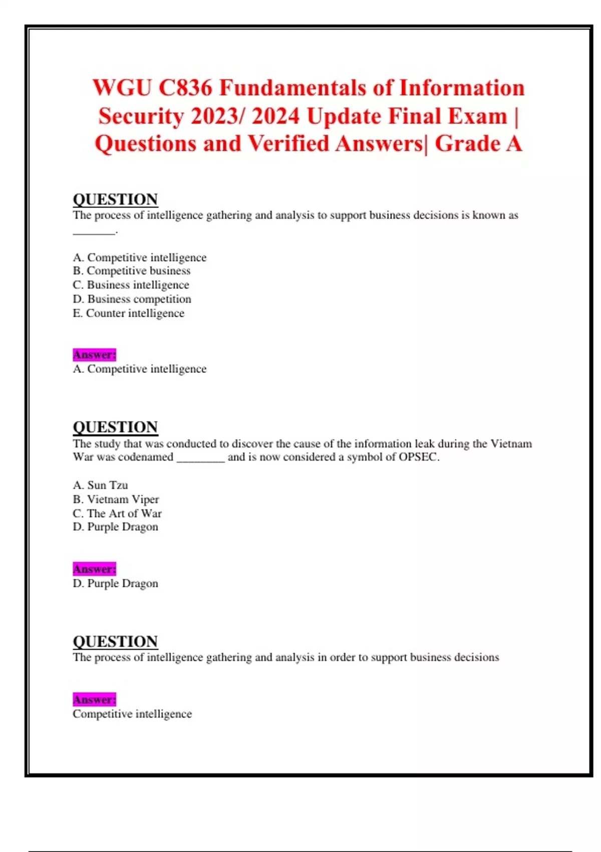 Wgu C836 Fundamentals Of Information Security 2023 2024 Update Final Exam Questions And